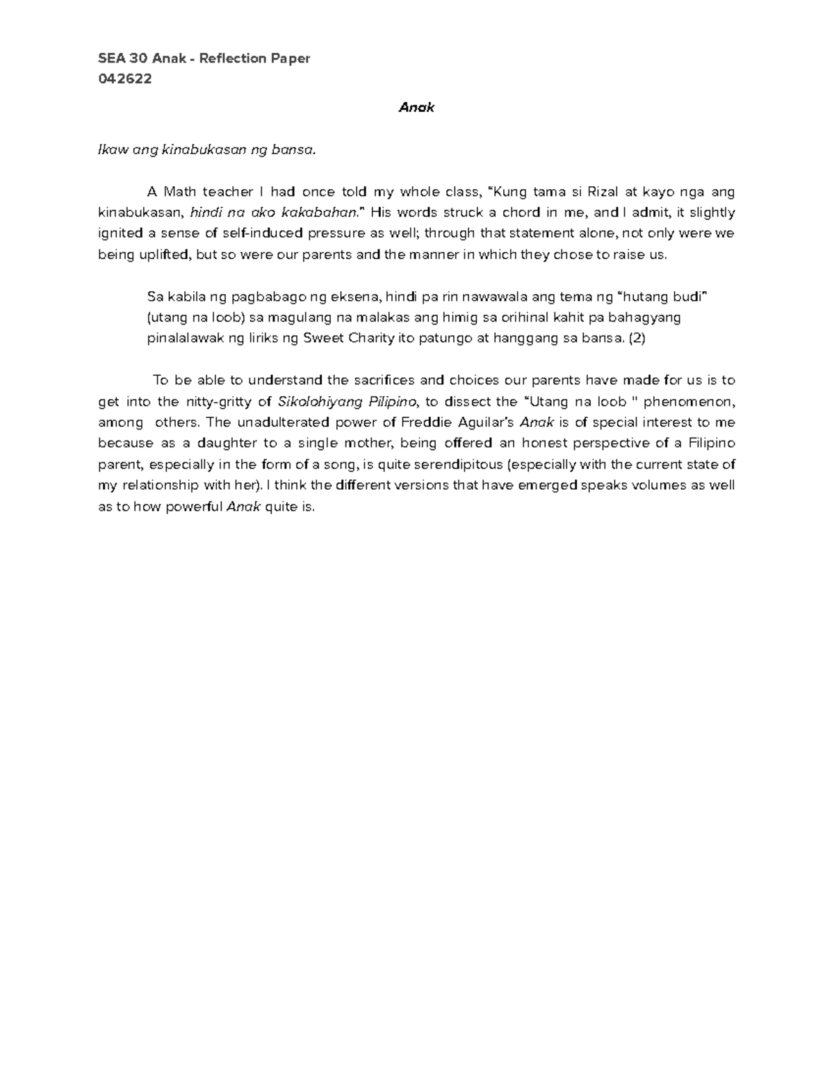 [ SEA 30 ] “Anak” Reflection Paper Dizon - SEA 30 Anak - Reflection ...
