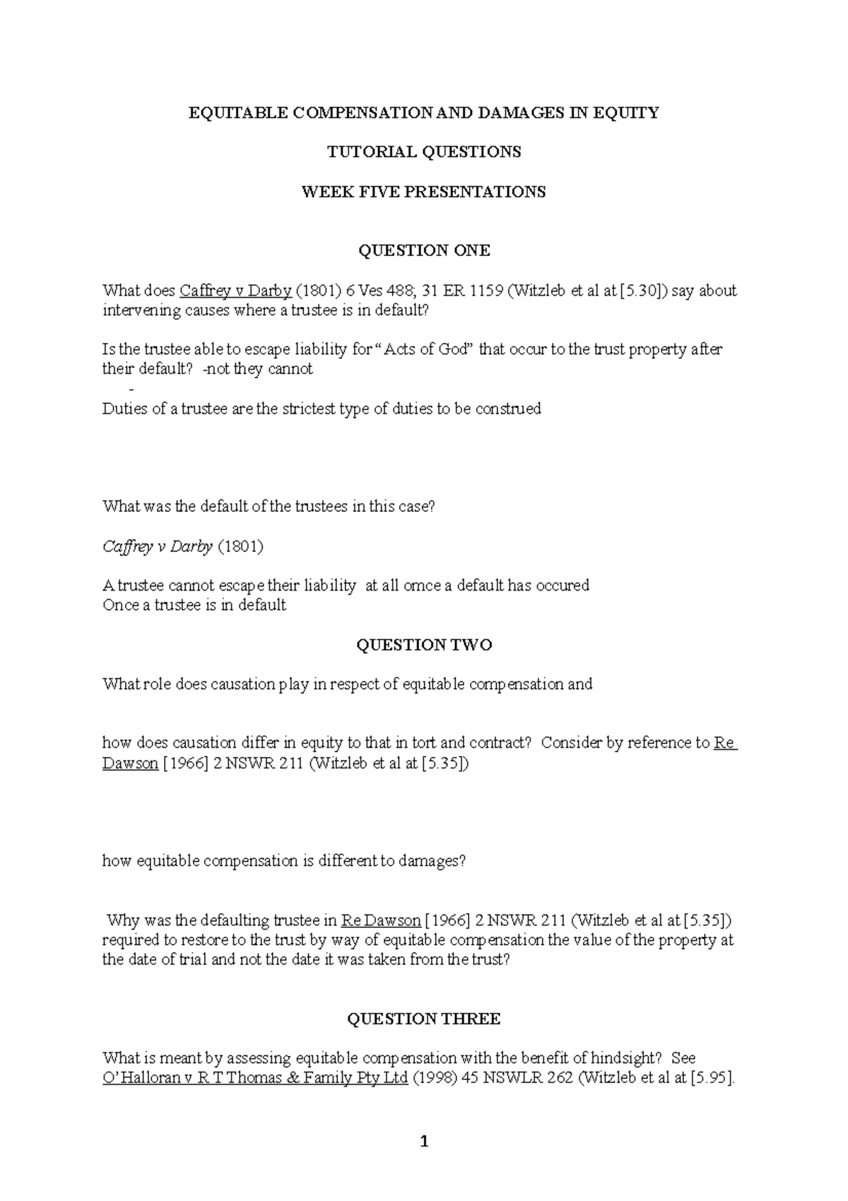 Equitable Compensation Tutorial Question Week 5 - EQUITABLE ...