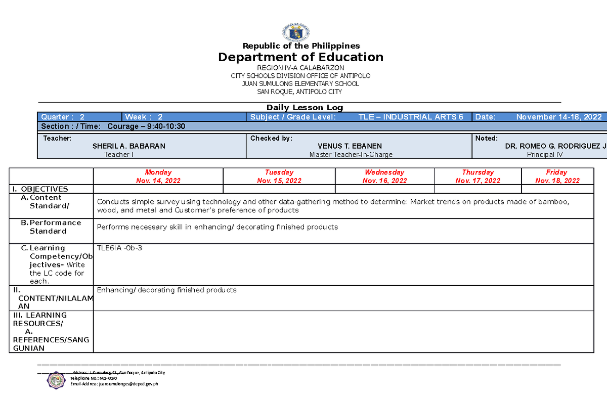 DLL TLE IA WEEK 2 Q2 - TLE 6 - Department of Education REGION IV-A ...