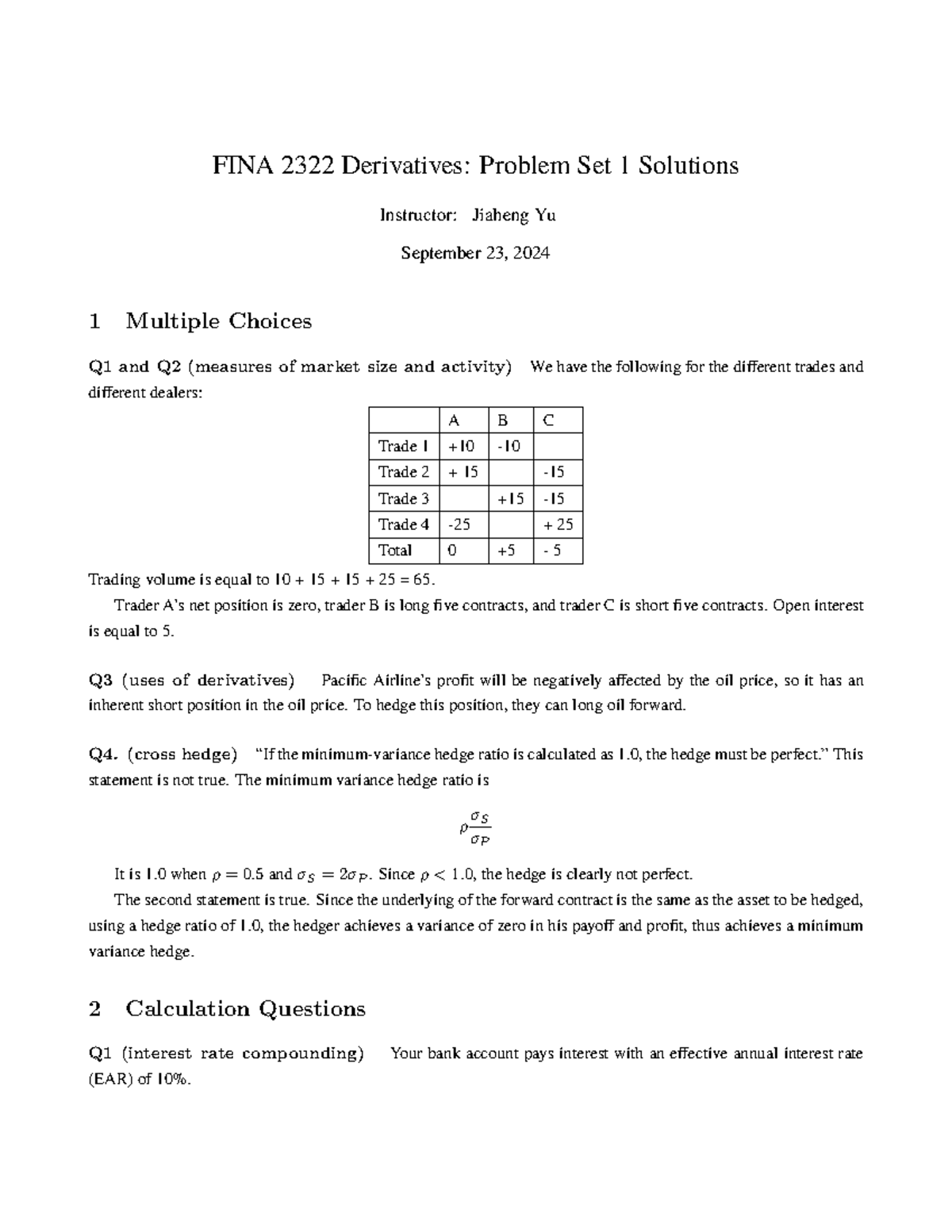 PS1 solutions - Answers for PS1 - FINA 2322 Derivatives: Problem Set 1 ...