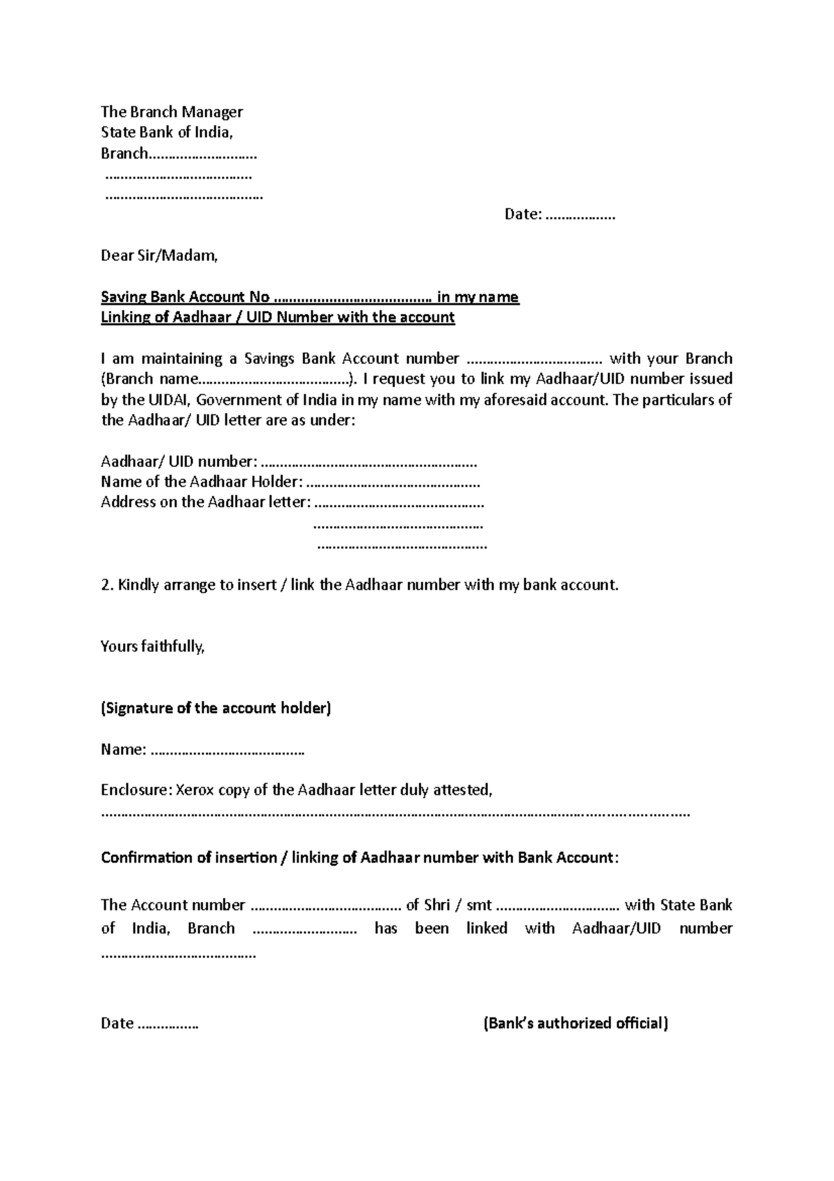 UID Aadhar linking letter-5 - The Branch Manager State Bank of India ...