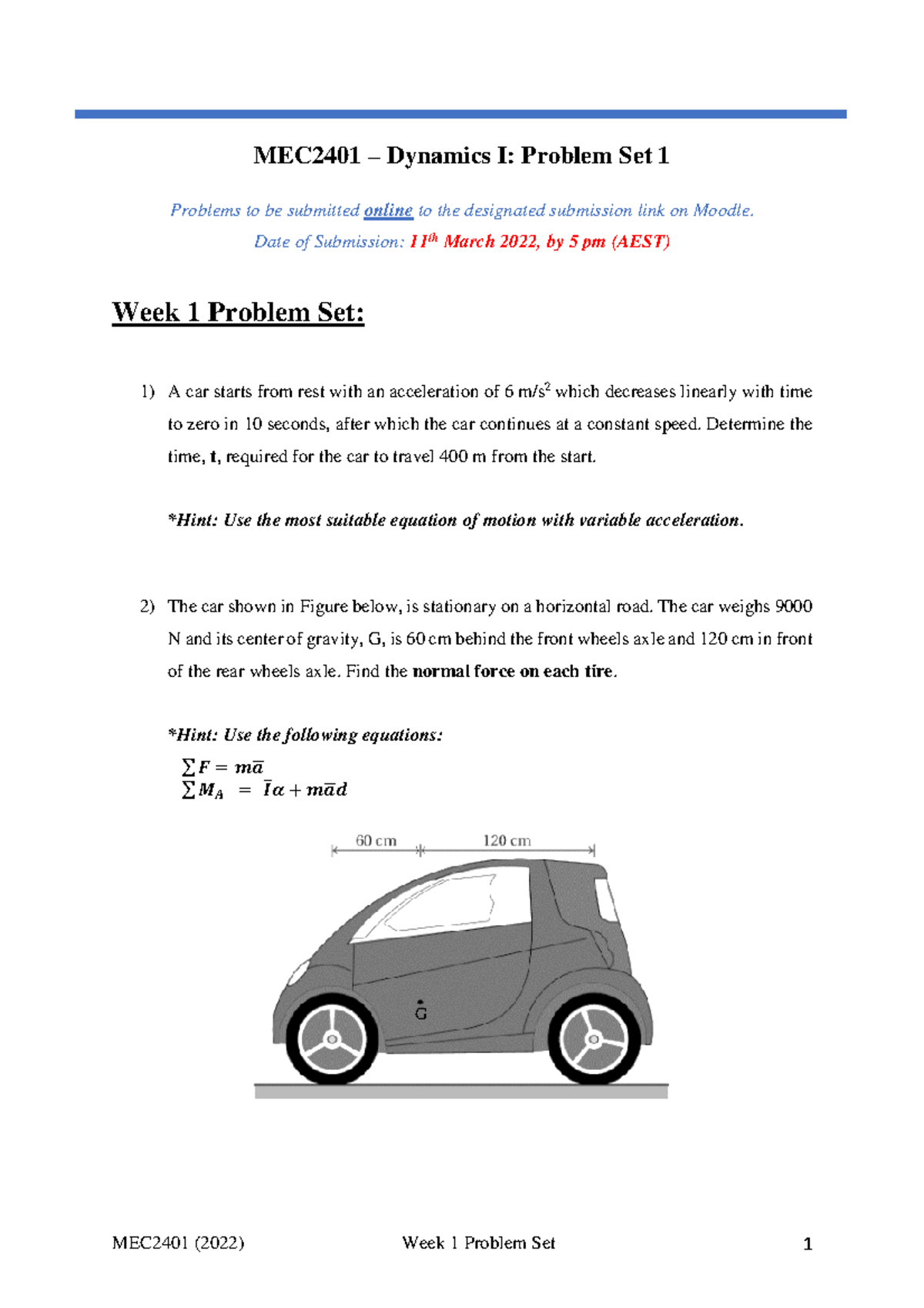 MEC2401 Problem Set 1 - MEC2401 (2022) Week 1 Problem Set 1 MEC2401 ...