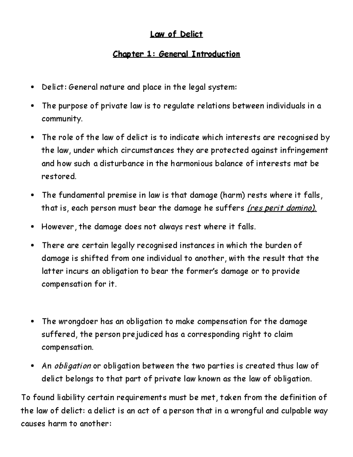 PVL3703-law of delict chp 1-5 011400 - Law of Delict Chapter 1: General ...