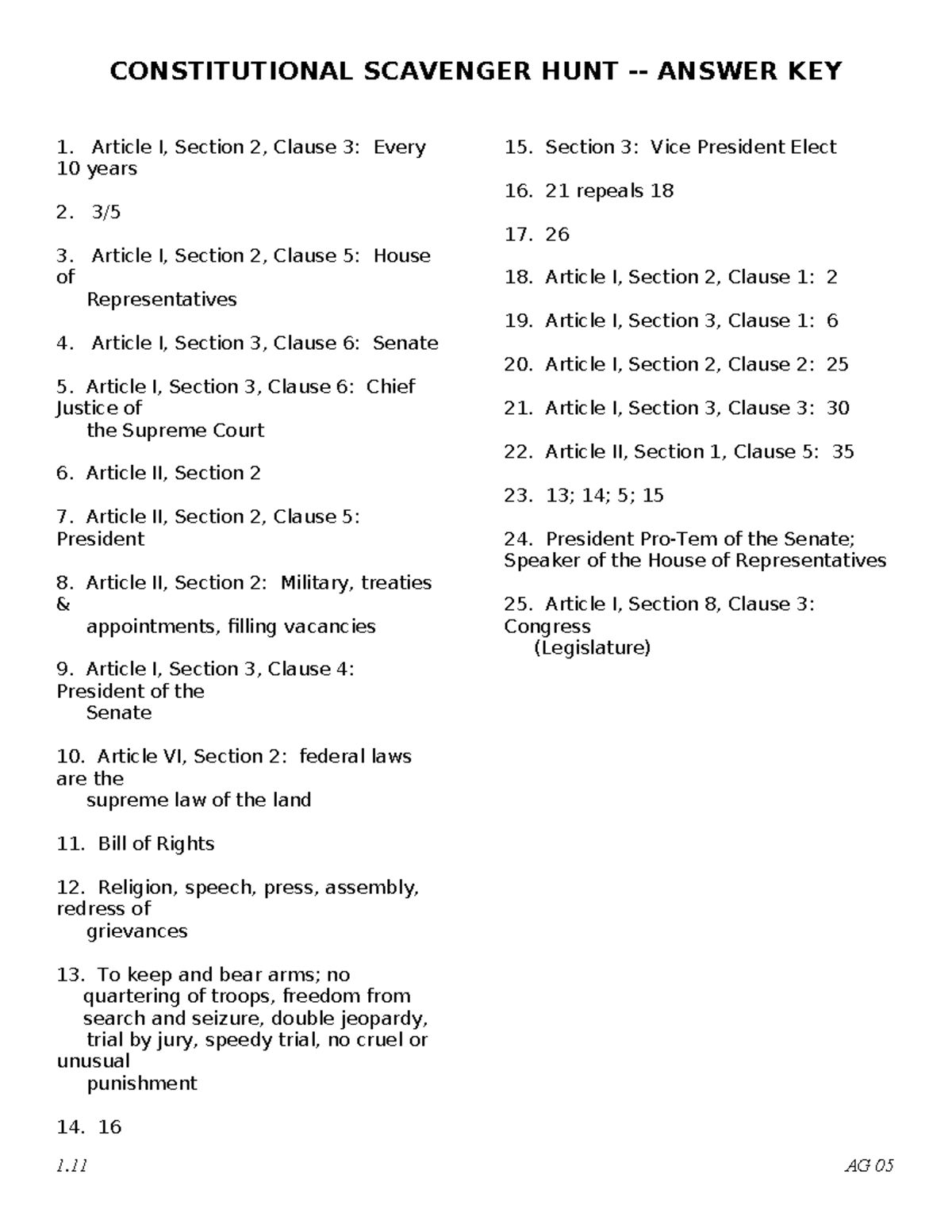 1.11.1 - Constitutional Scavenger Hunt - KEY - CONSTITUTIONAL SCAVENGER ...