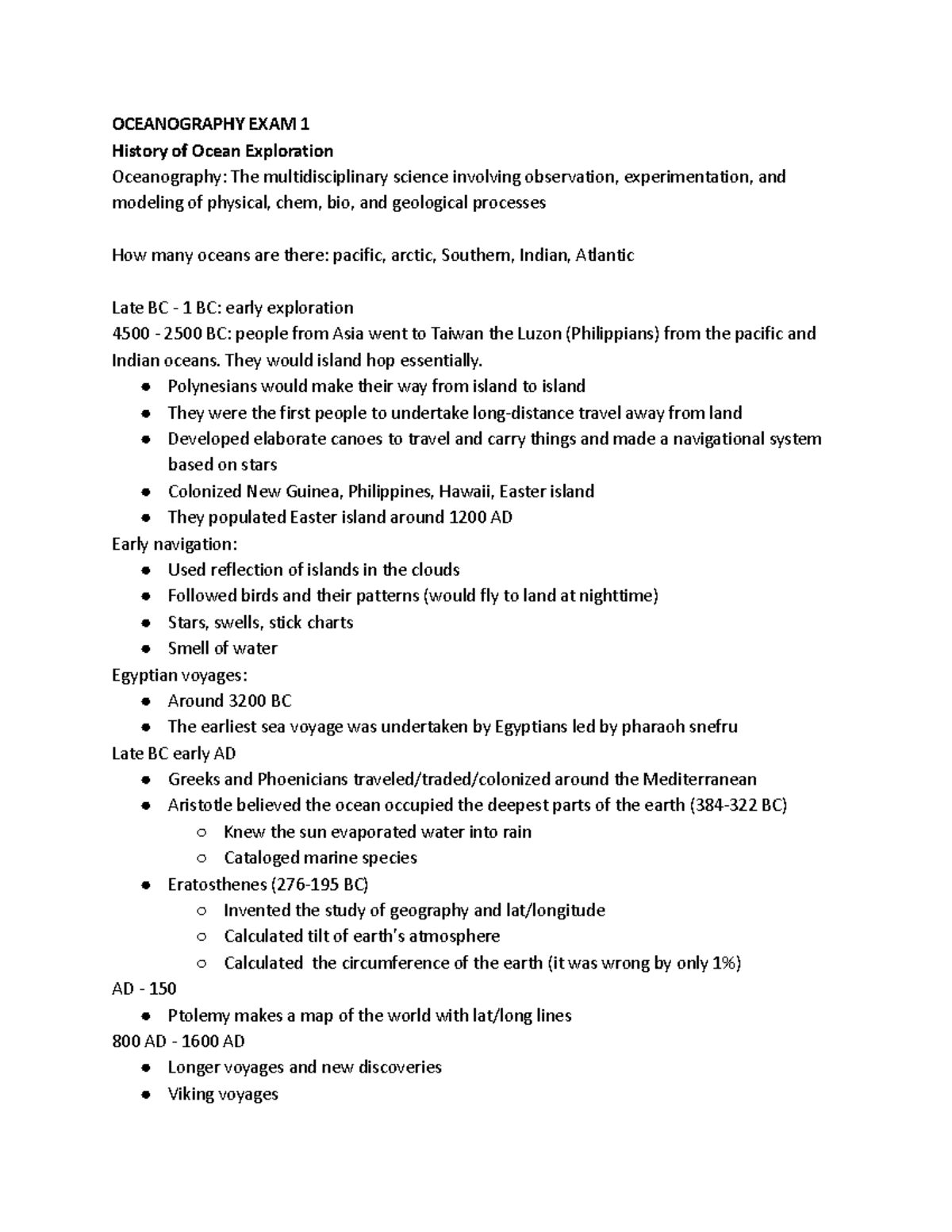 EE144 Exam 1 - History of Oceanography - OCEANOGRAPHY EXAM 1 History of ...