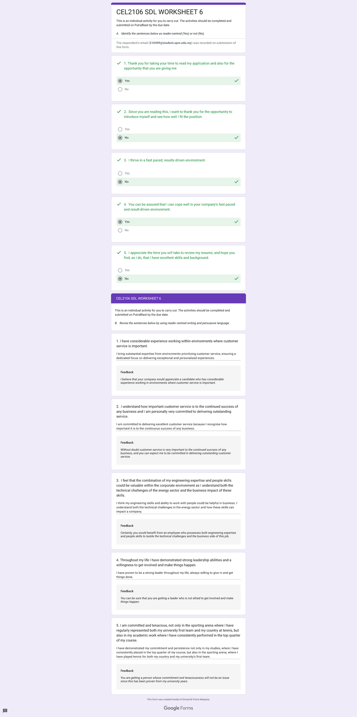 SDL 6 - CEL2106 - Yes No Yes No Yes No Yes No Yes No CEL2106 SDL WORKSHEET 6 This is an ...