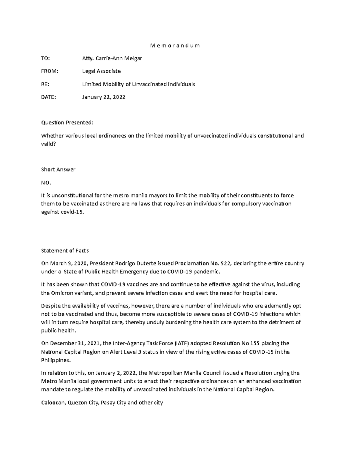 Legal M e m o r a n d u m 1 - M e m o r a n d u m TO: Atty. Carrie-Ann Melgar FROM: Legal ...