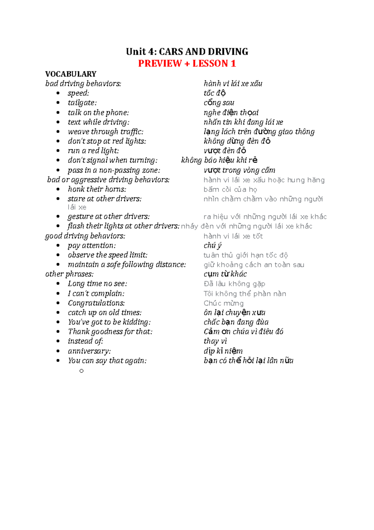 Buổi 5 - sss - Unit 4: CARS AND DRIVING PREVIEW + LESSON 1 VOCABULARY ...