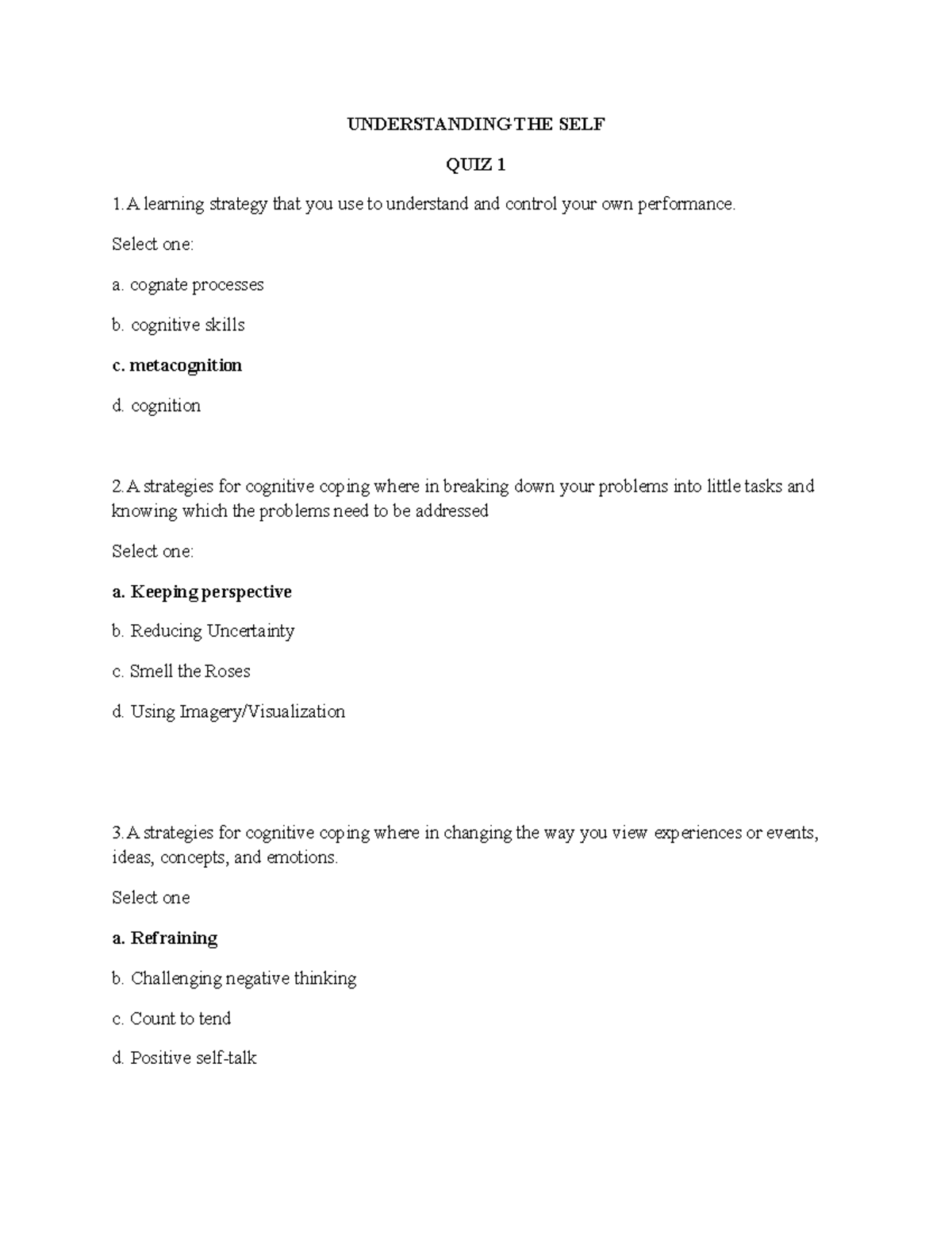 Understanding THE SELF QUIZ 1 - UNDERSTANDING THE SELF QUIZ 1 1 ...