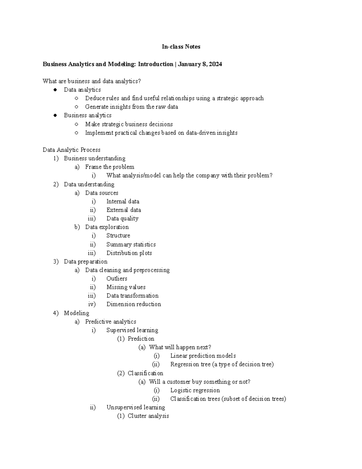 Business Analytics And Modeling Notes Bus K353 In Class Notes