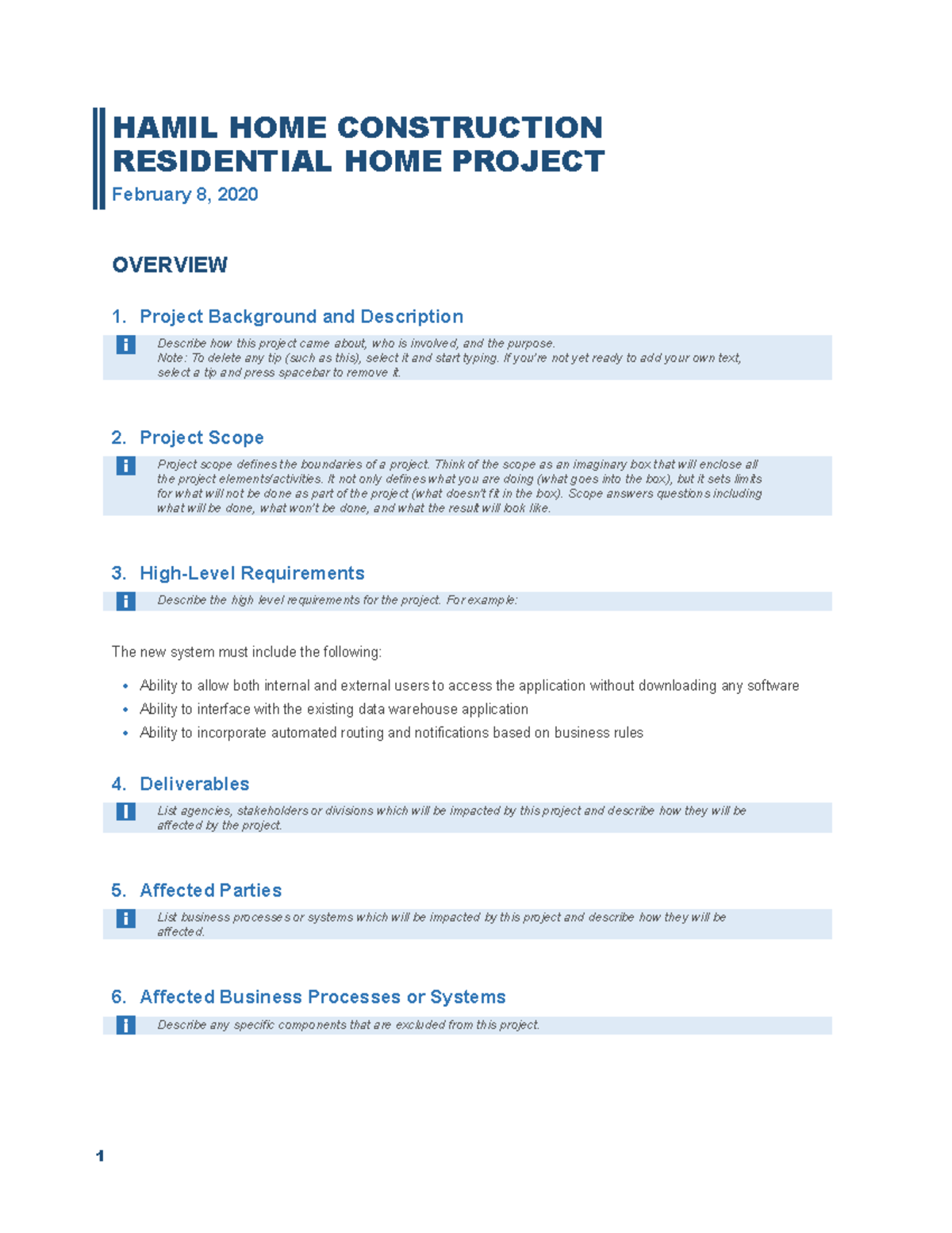Project Charter Template - HAMIL HOME CONSTRUCTION RESIDENTIAL HOME ...