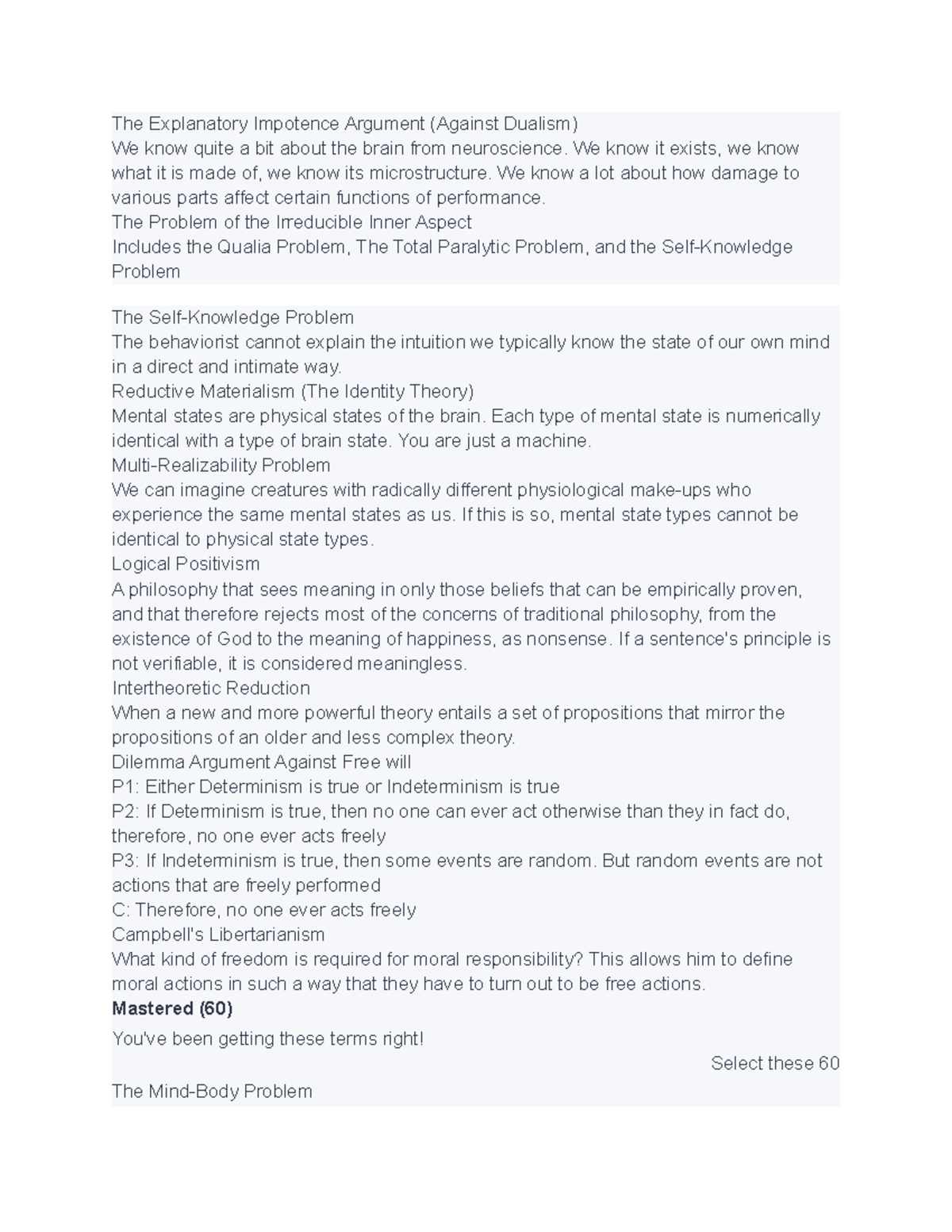 Philosophy Final Review - The Explanatory Impotence Argument (Against ...