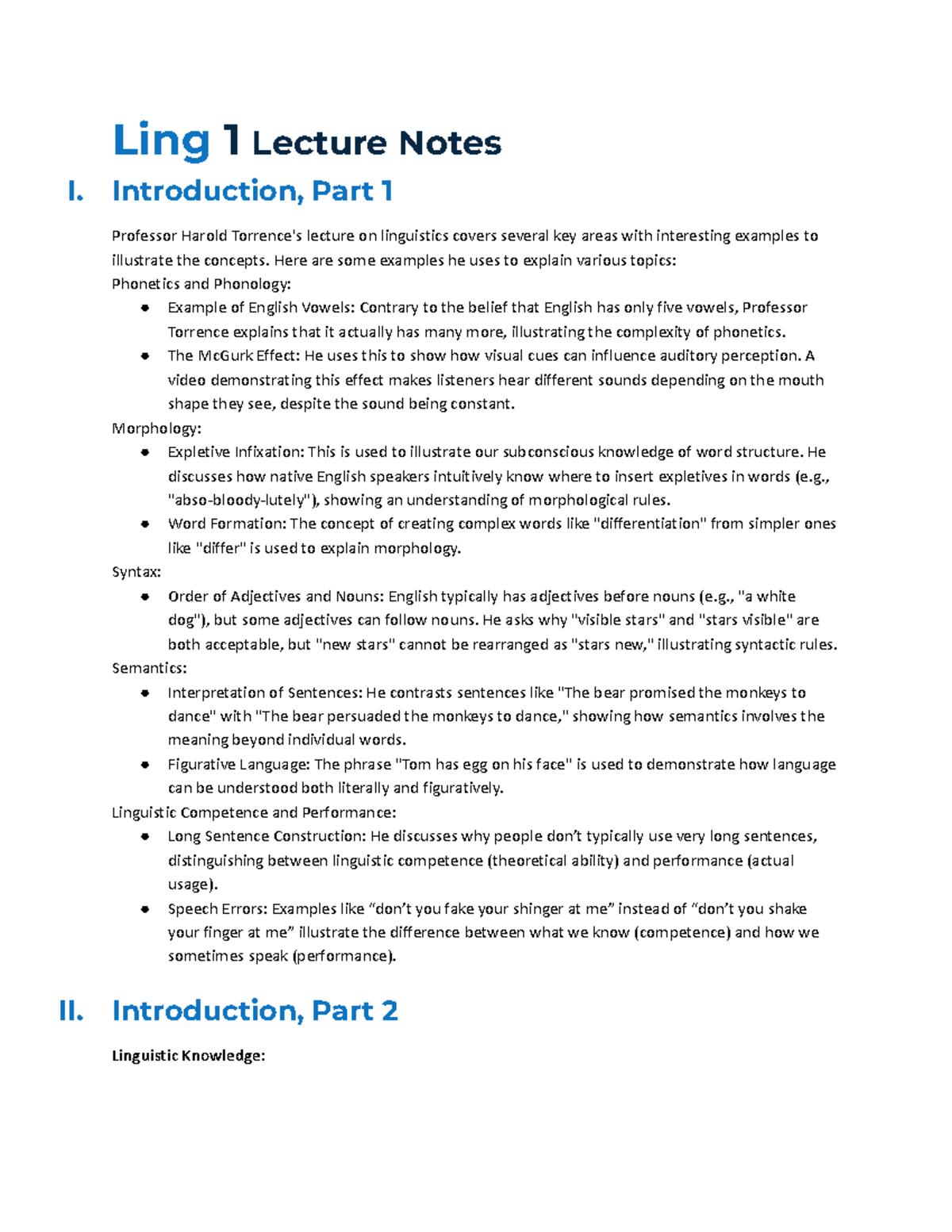 Ling 1 Lecture Notes Ling 1 Lecture Notes I Introduction Part 1