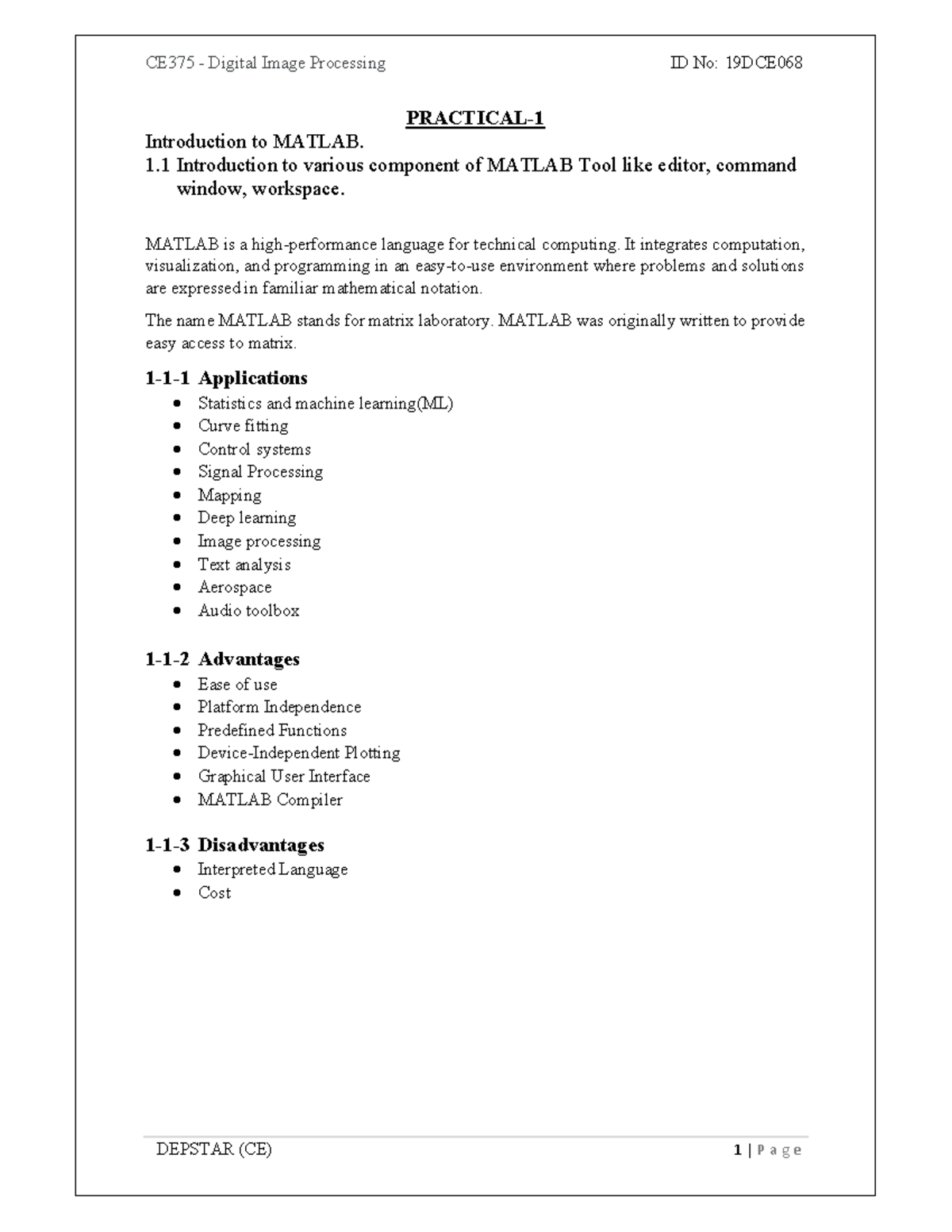 19DCE068 DIP Practical File - PRACTICAL- Introduction to MATLAB. 1 ...