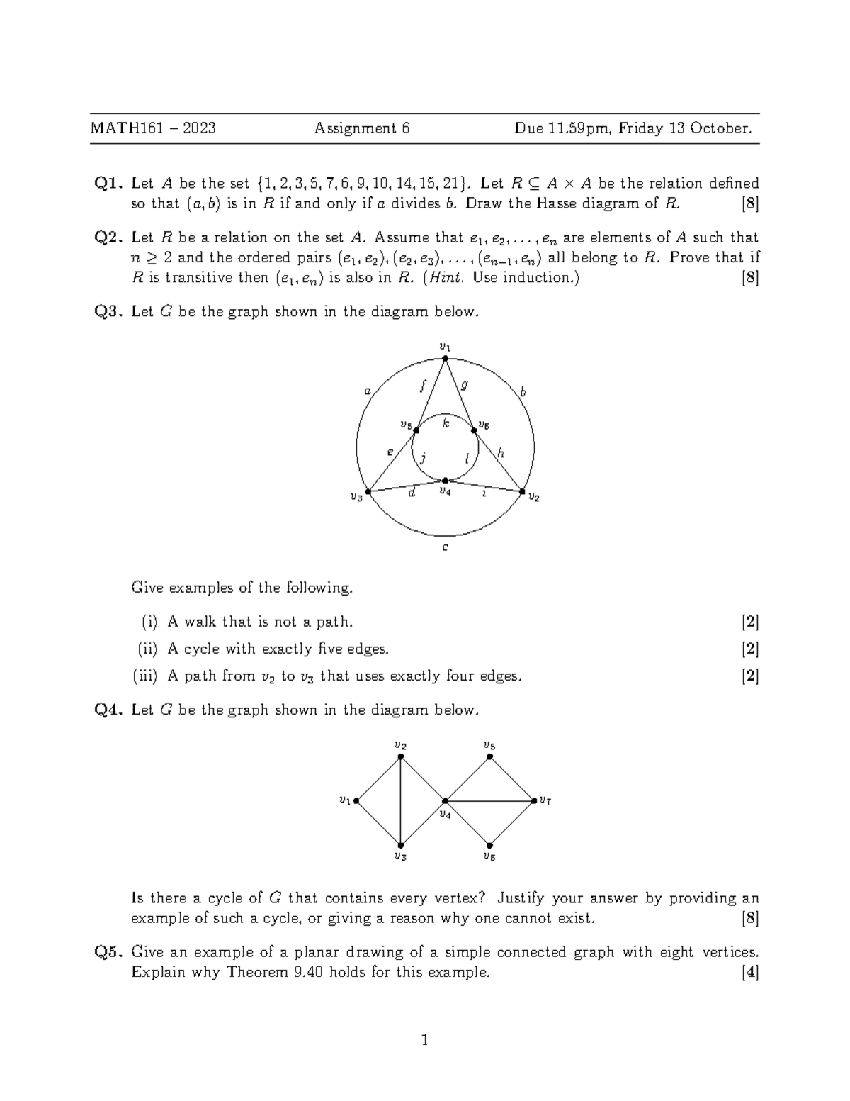 161 2023 asgn6 1 - Assignment 6, Relations - MATH161 – 2023 Assignment 6 Due 11, Friday 13 ...