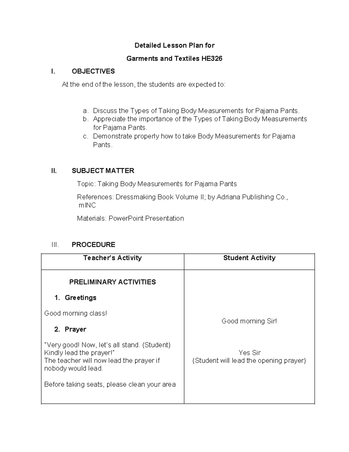 Final Demonstration - aerdtyu - Detailed Lesson Plan for Garments and ...