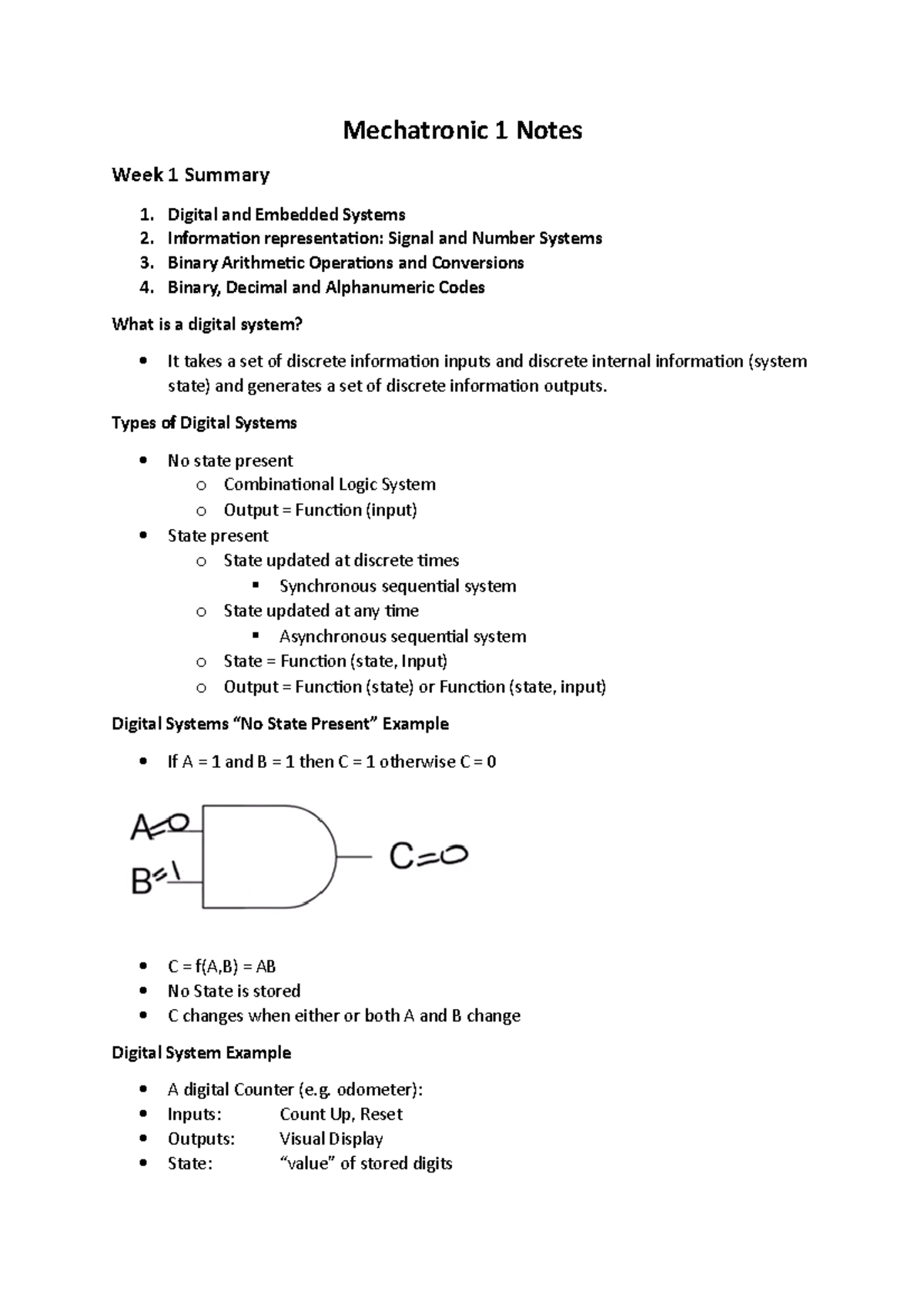 Mechatronic 1 Week 1-6 - Mechatronic 1 Notes Week 1 Summary Digital and ...