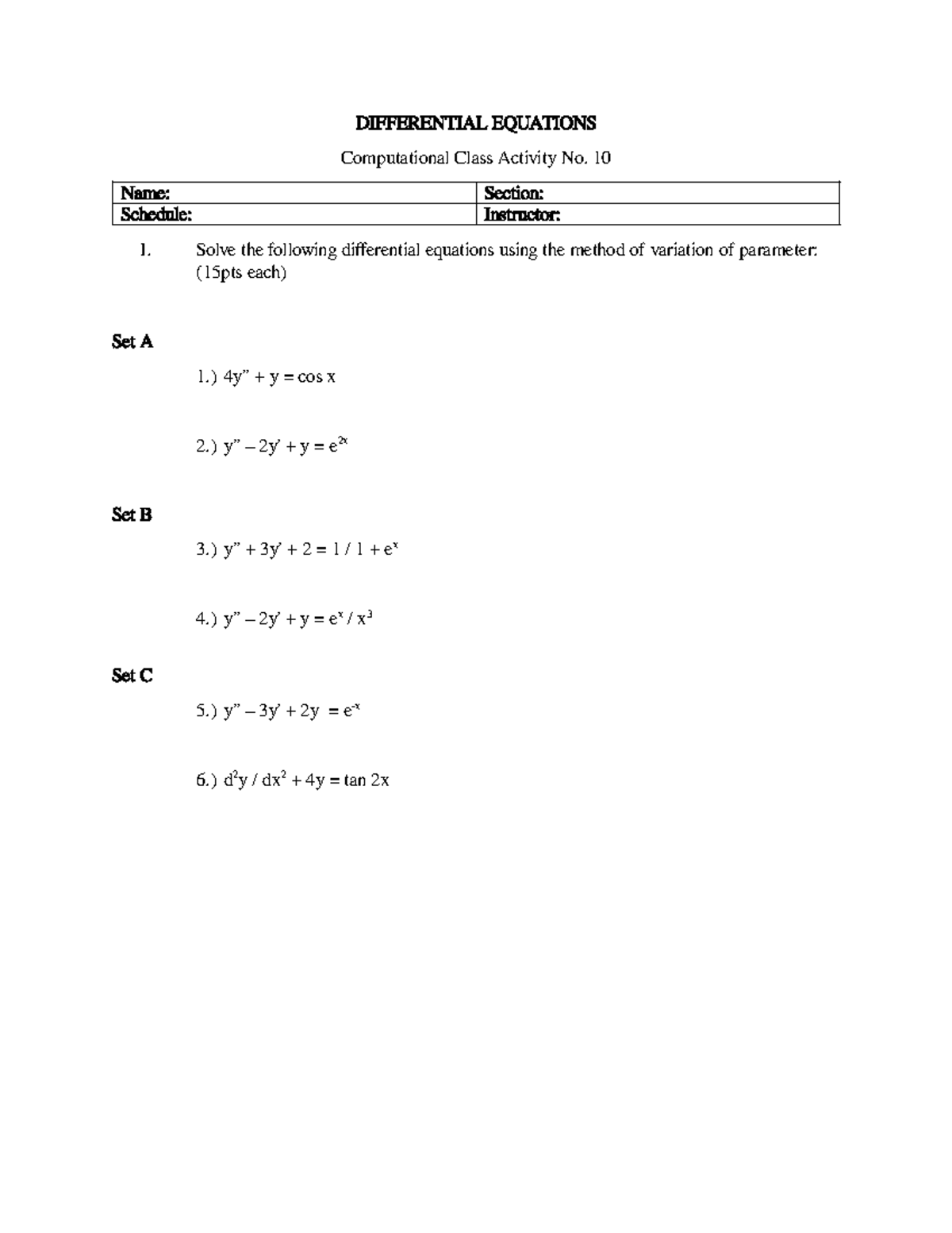 Difeq Computational Class Activity No Differential Equations Computational Class Activity No