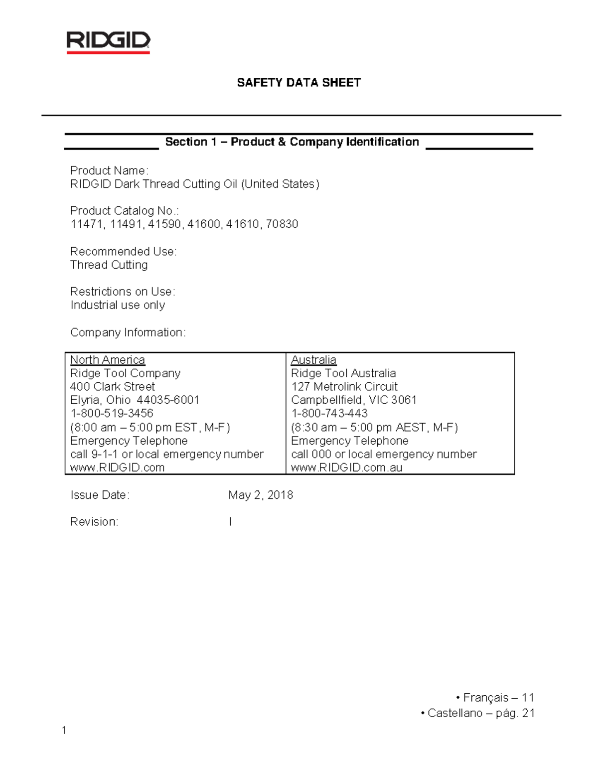 11471-11497-41590-41600-41610-70830 SDS Dark Threading Oil - SAFETY ...
