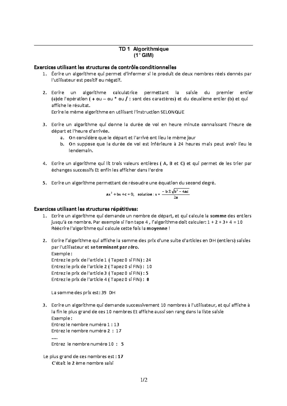 TD1 Algorithme - Université Sidi Mohammed Ben Abdellah Ecole Supérieure de Technologie de Fès ...