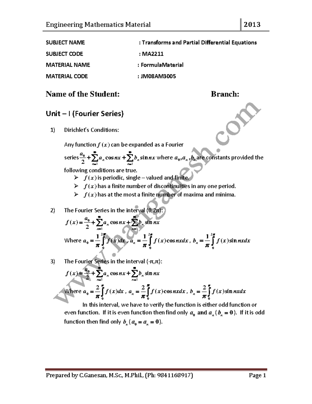 F-m3 - Notes - SUBJECT NAME : Transforms and Partial Differential ...
