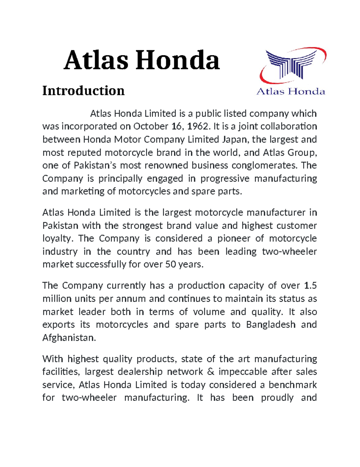 Motorcycle manufacturer - Atlas Honda Introduction Atlas Honda Limited ...