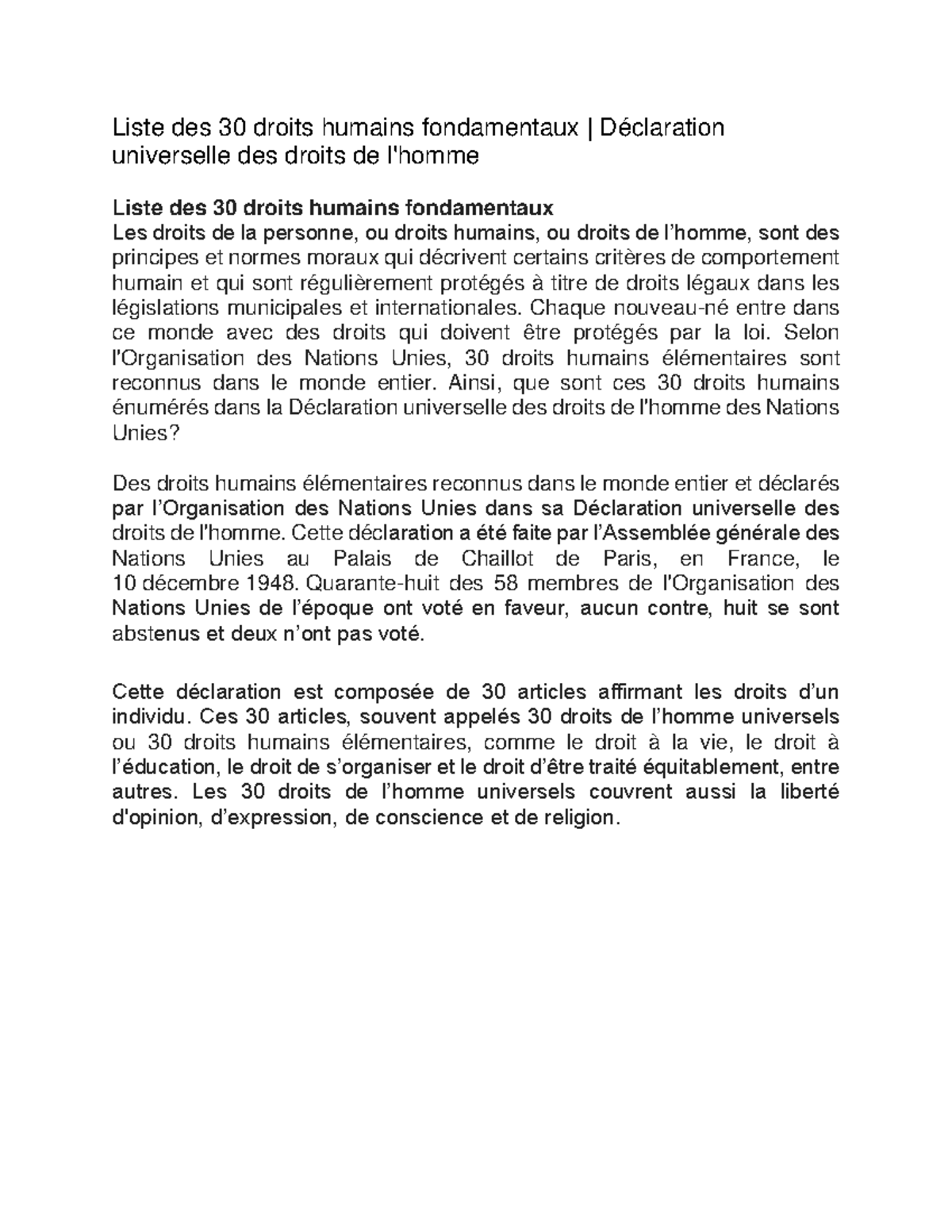 30 basic human rights list french - Liste des 30 droits humains ...