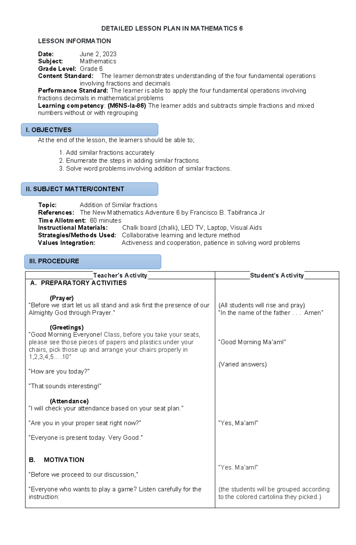 Grade 6 Detailed LP - DETAILED LESSON PLAN IN MATHEMATICS 6 LESSON ...