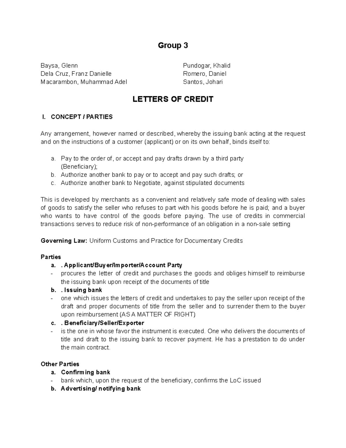 Group 3 - Letters of Credit - Group 3 Baysa, Glenn Dela Cruz, Franz ...