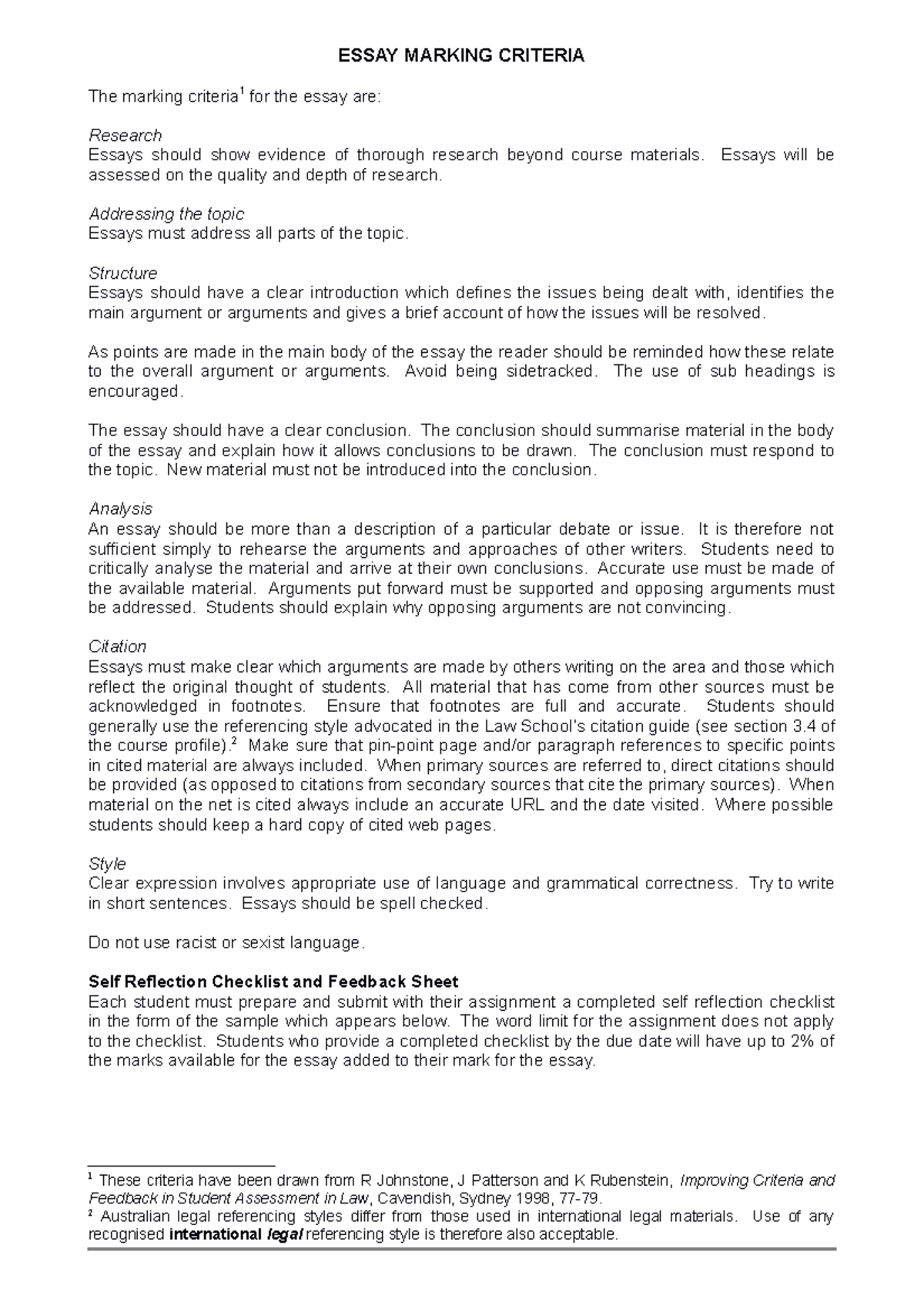 Essay Criteria and Self-reflection & Feedback Sheet 2022 - ESSAY ...