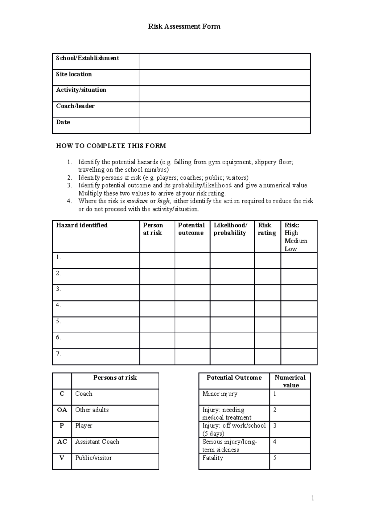 Risk Assessment Form - Assignment 2 Practical Sports Coaching Miso Plan ...