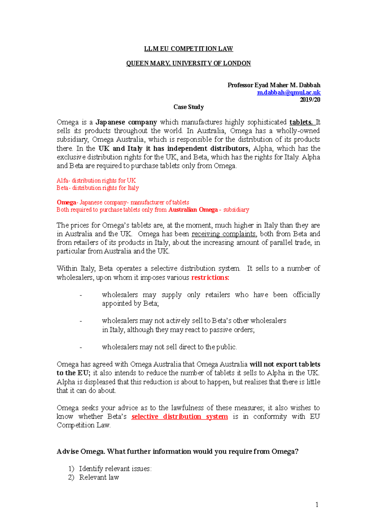 EU competition law-case study - LLM EU COMPETITION LAW QUEEN MARY ...