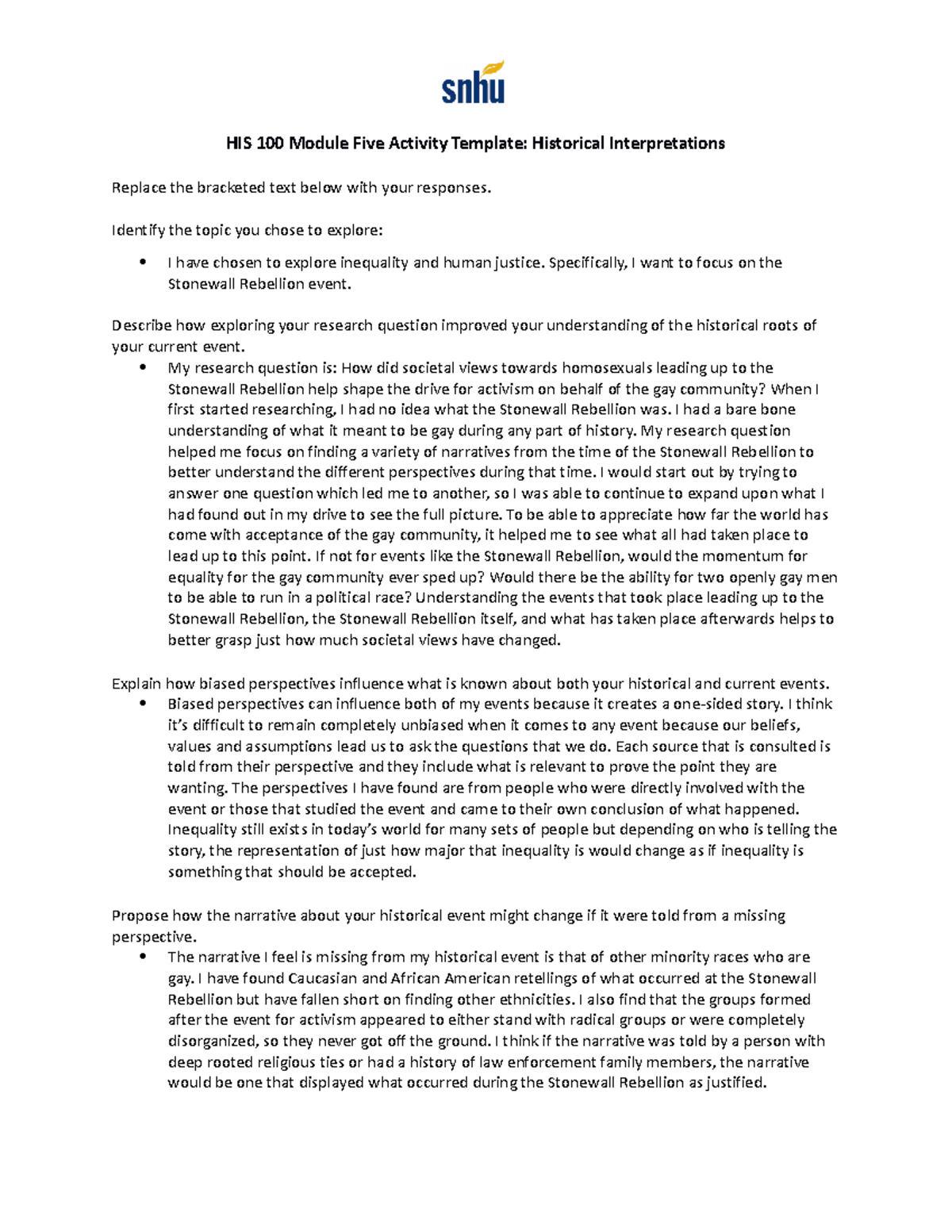 HIS 100 Module Five Activity Template - Identify the topic you chose to ...