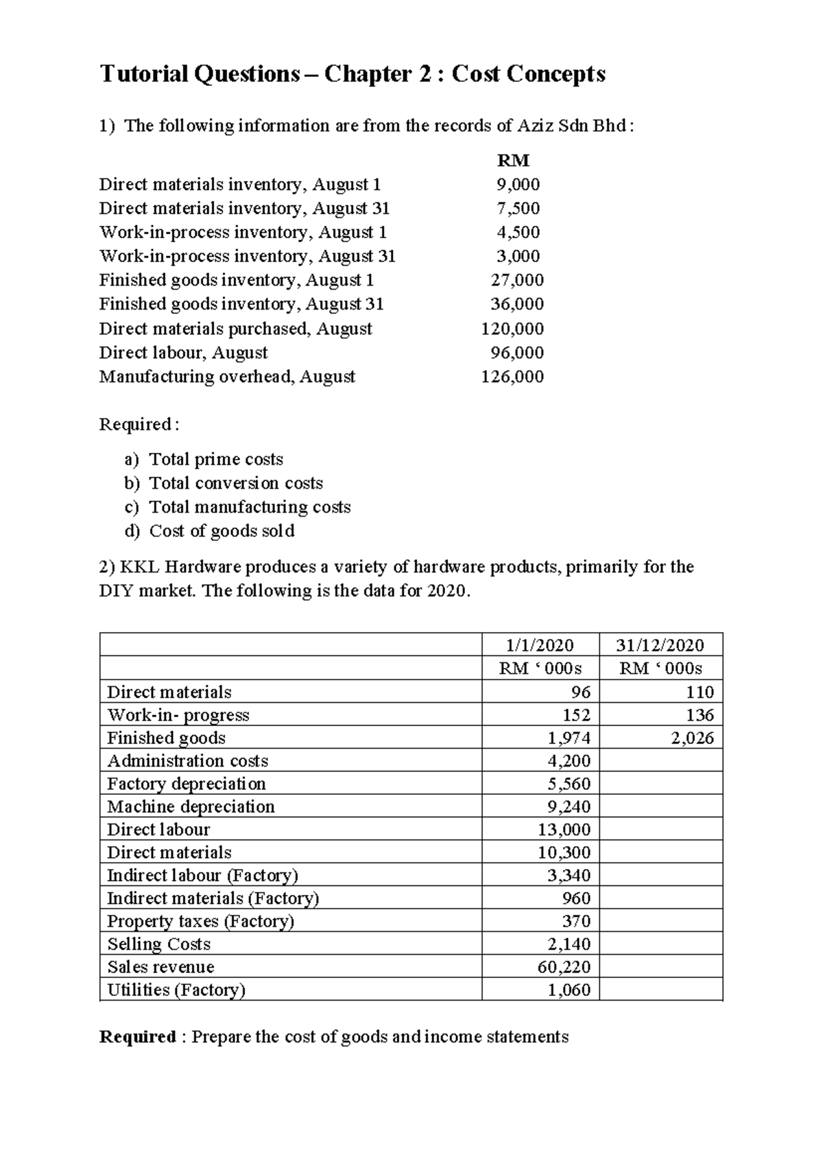 Tutorial Chapter 2 Cost Concepts Questions - Tutorial Questions – Chapter 2 : Cost Concepts 1 ...