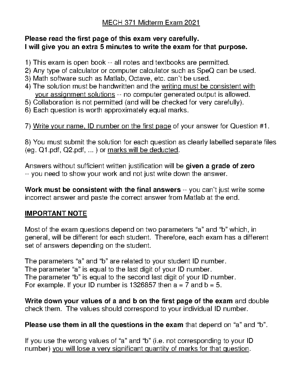 Mech371 midterm 2021 - Prof Brandon Gordon - MECH 371 Midterm Exam 2021 Please read the first ...