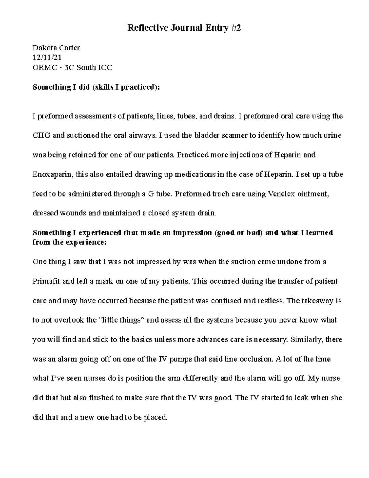Reflective Journal Entry #2 clinical experience icc - Reflective ...
