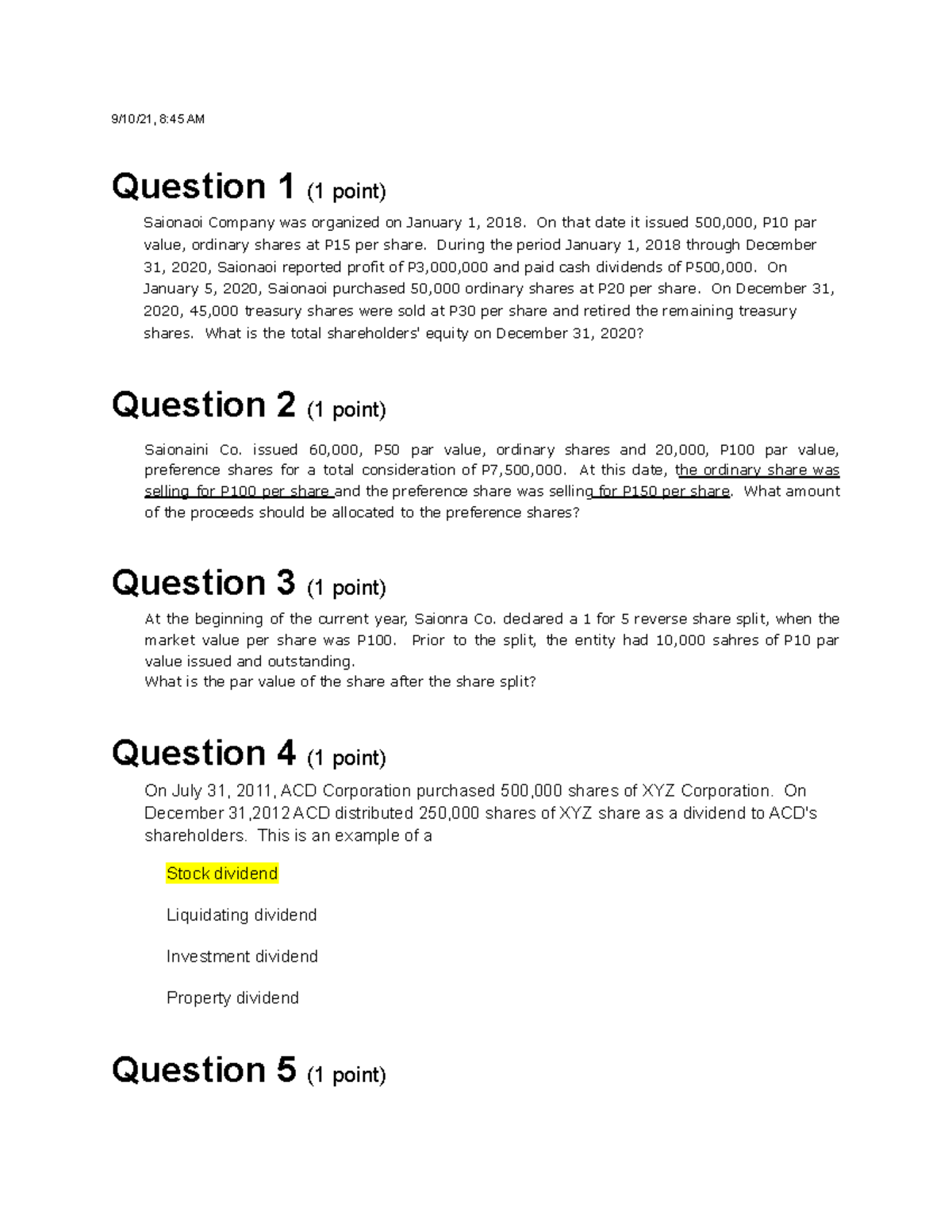 Quiz On Shareholder s Equity With Answers 9 10 21 8 45 AM Question 1