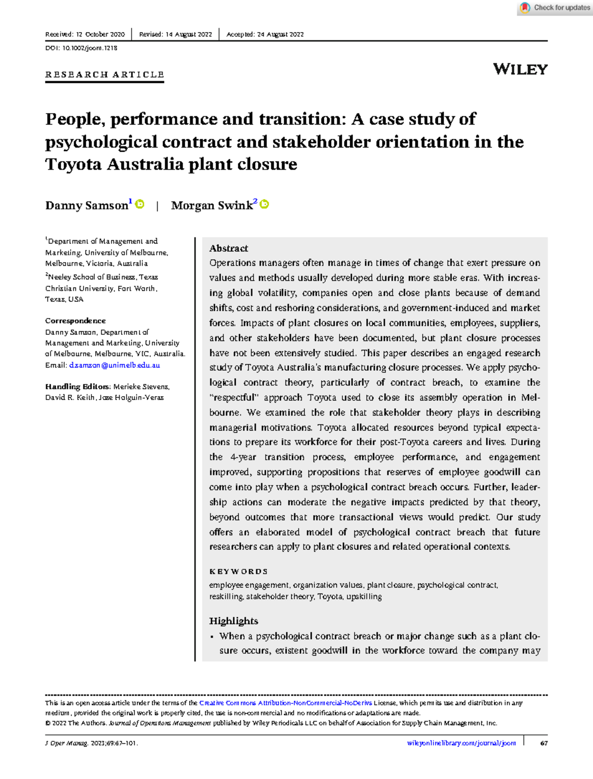 J of Ops Management - 2022 - Samson - People performance and transition ...