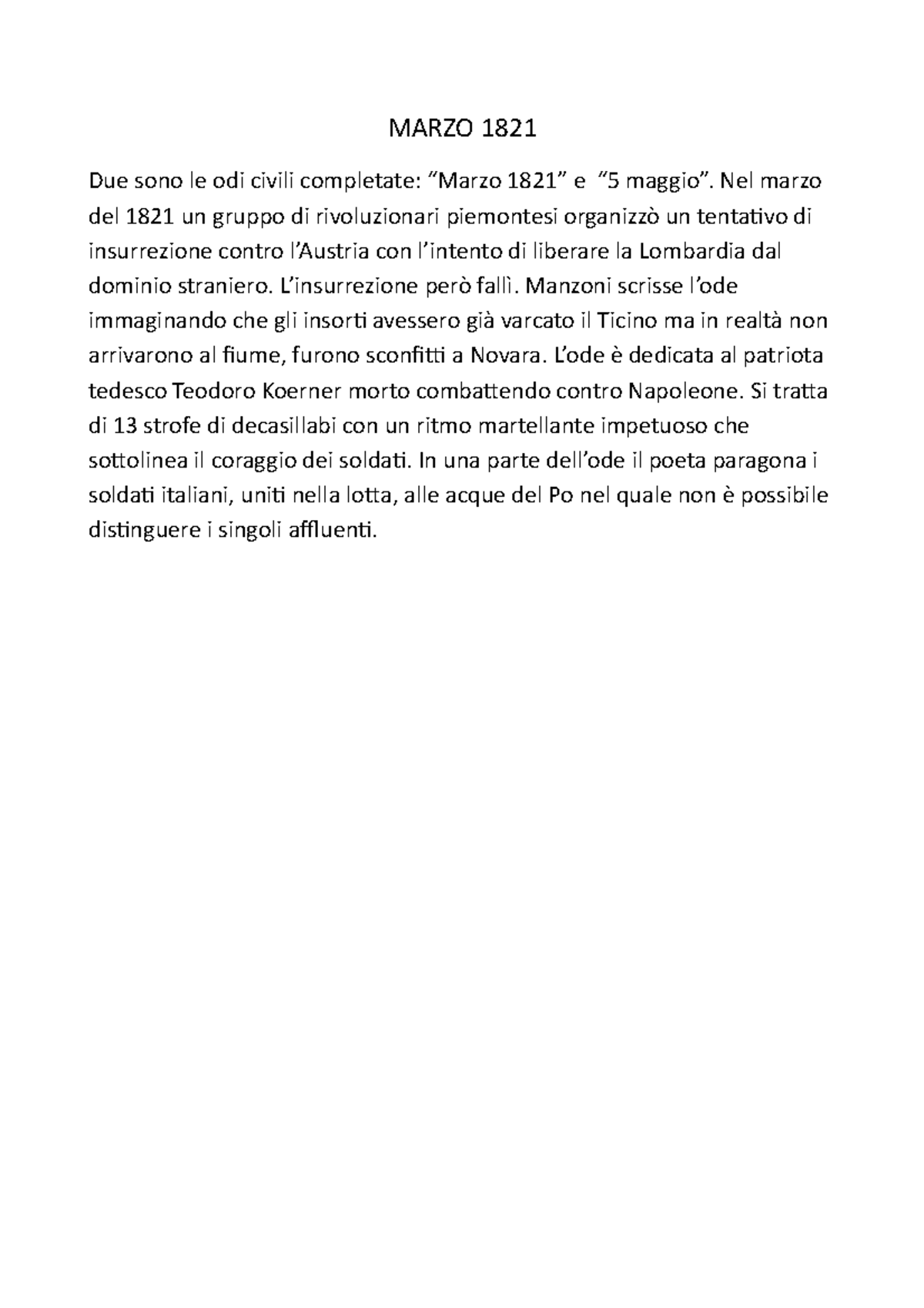 Marzo 1821 - MARZO 1821 Due sono le odi civili completate: “Marzo 1821 ...