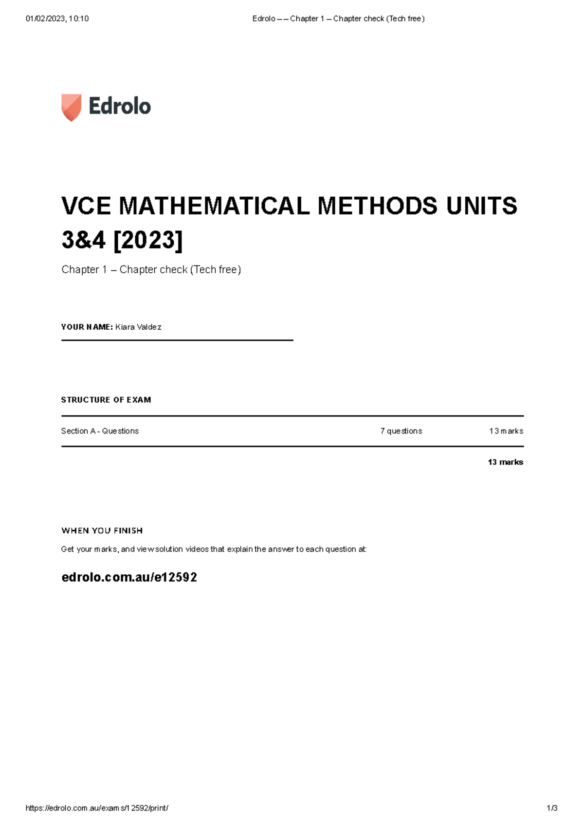 chapter check - maths - 01/02/2023, 10:10 Edrolo – – Chapter 1 ...
