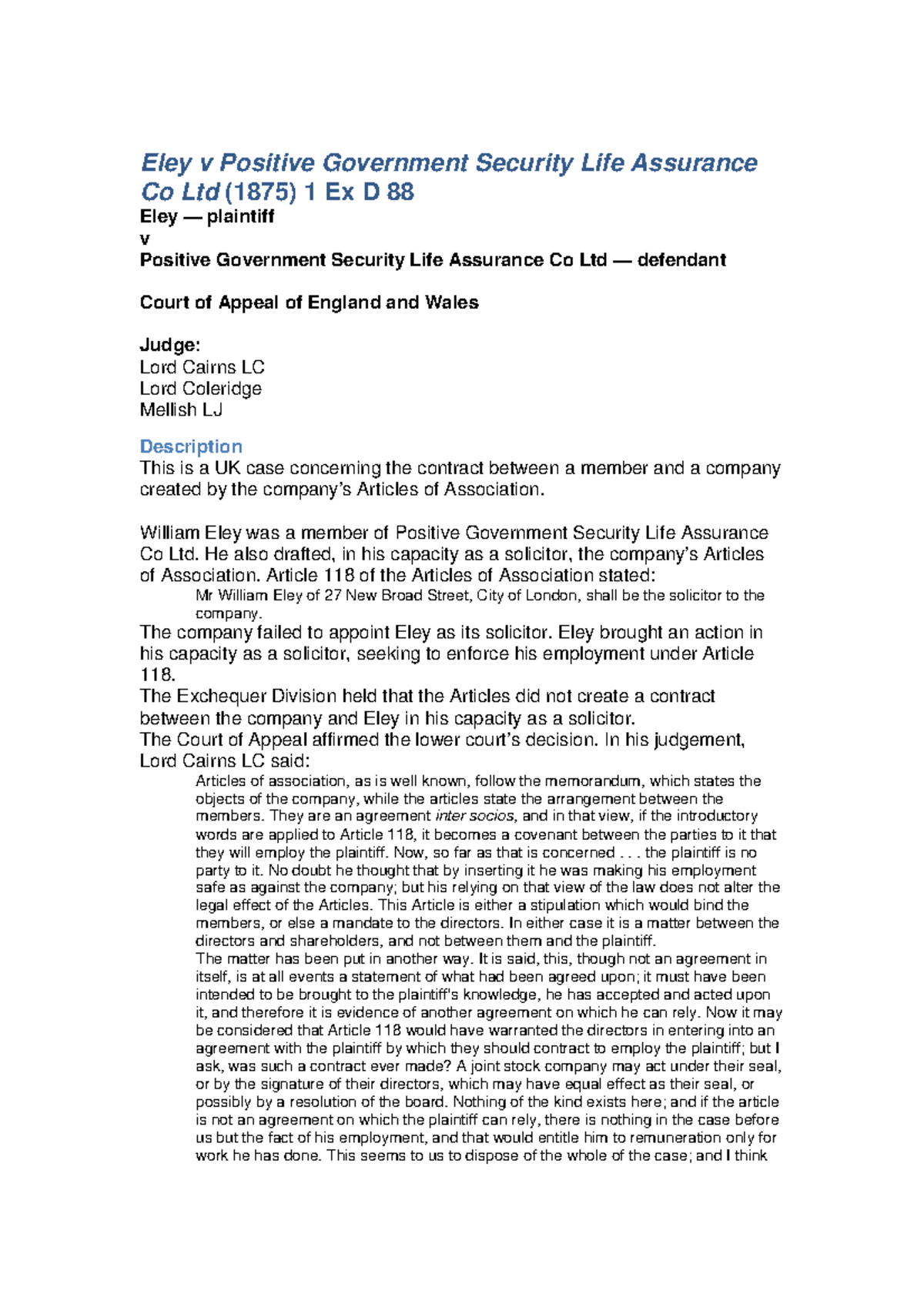 Eley v Positive Government - William Eley was a member of Positive ...