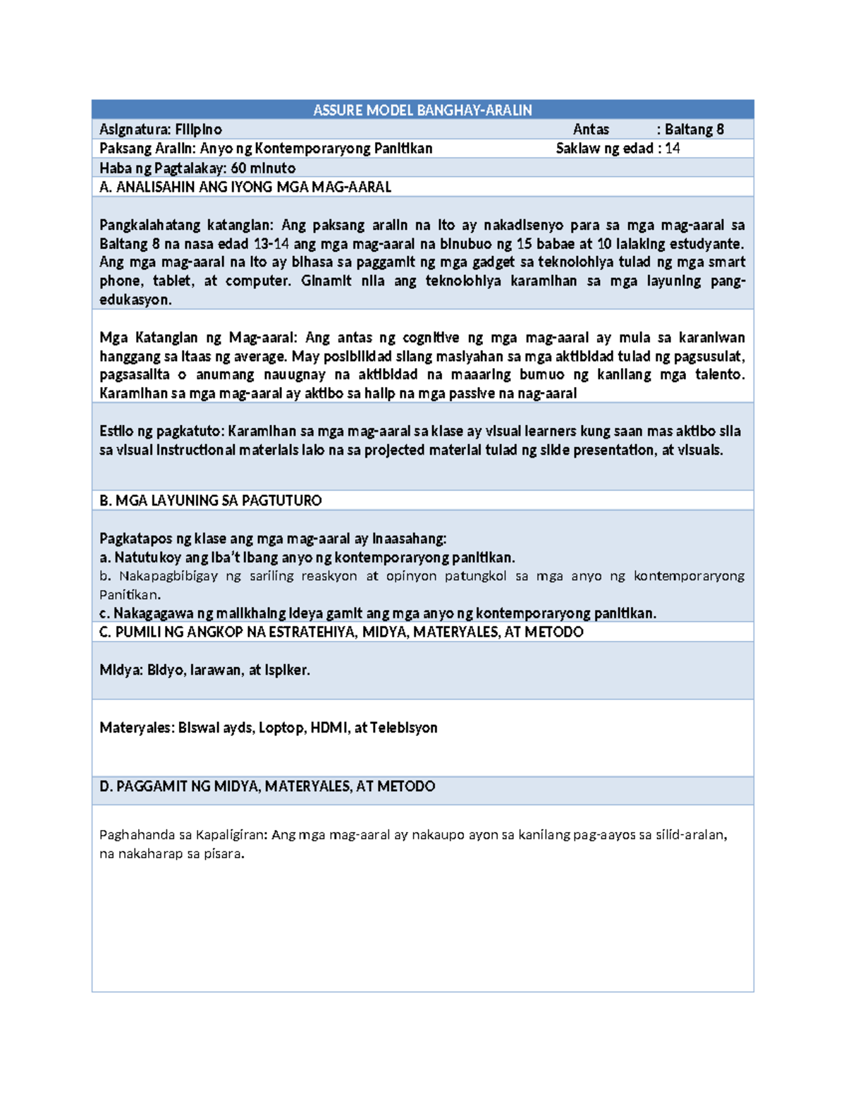 My Assure model Lesson plan - ASSURE MODEL BANGHAY-ARALIN Asignatura: Filipino Antas : Baitang 8 ...