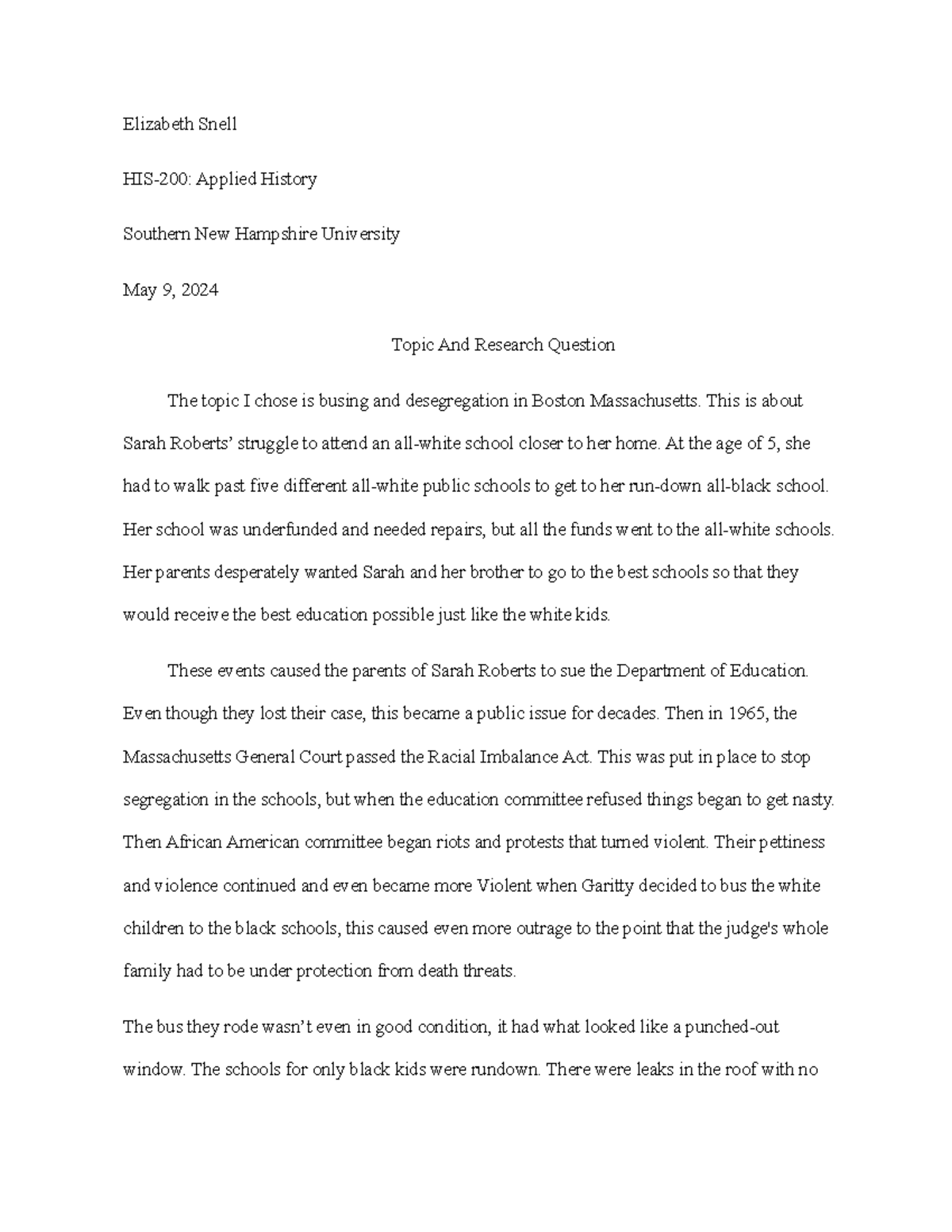 Elizabeth Snell.Writing Plan - Elizabeth Snell HIS-200: Applied History ...