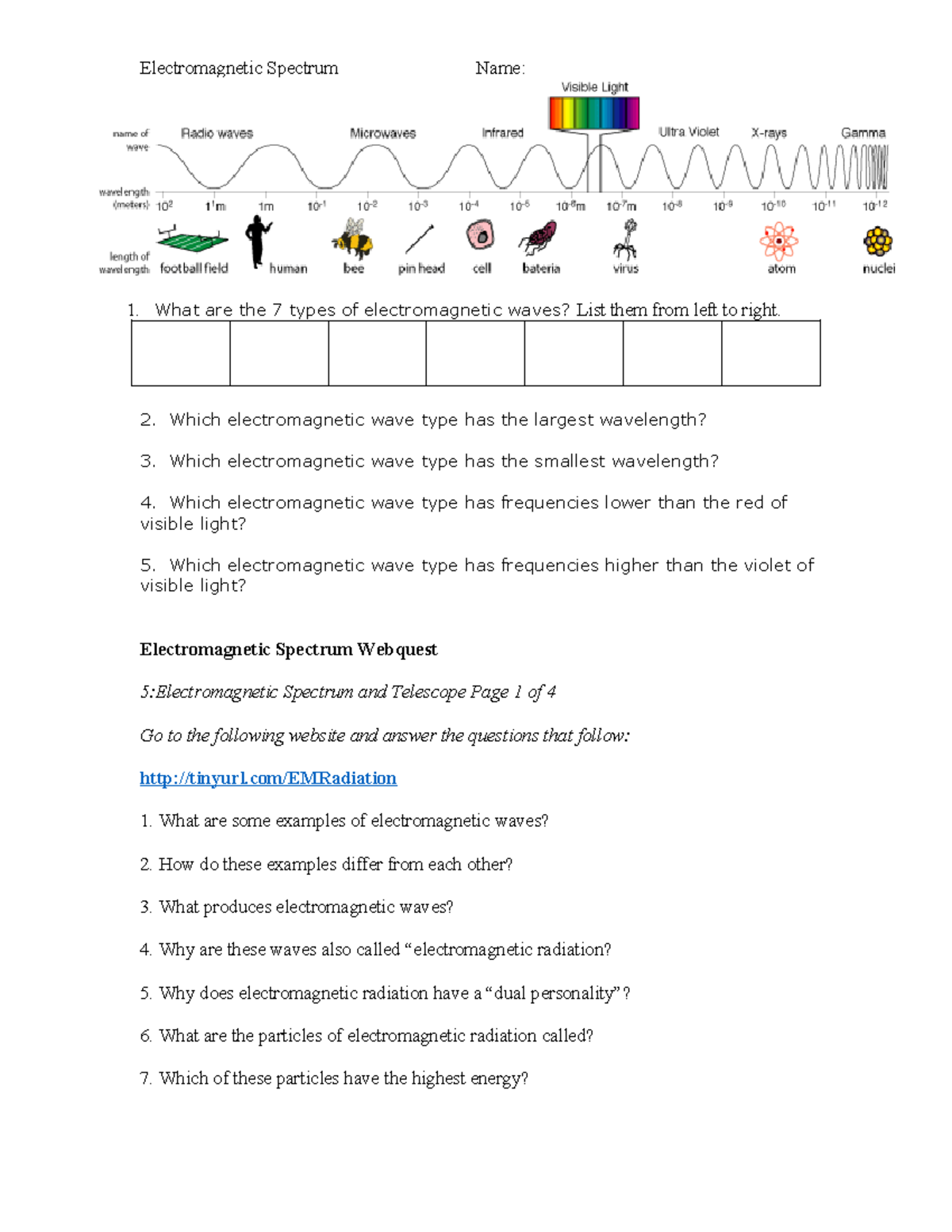 Electromagnetic Spectrum Webquest (4) - Electromagnetic Spectrum Name