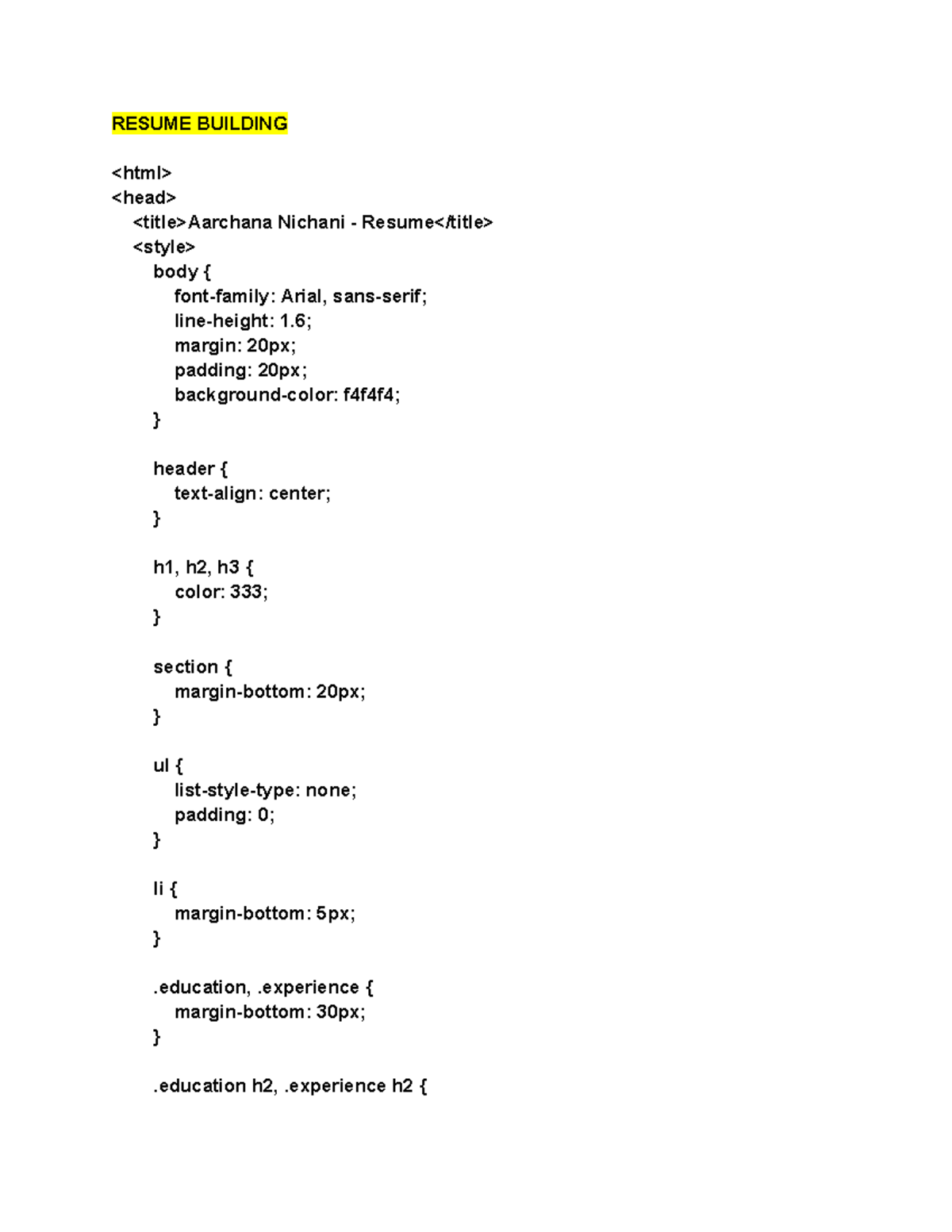 UI UX PRAC - PRACTICAL EXERCISES - RESUME BUILDING Aarchana - Studocu