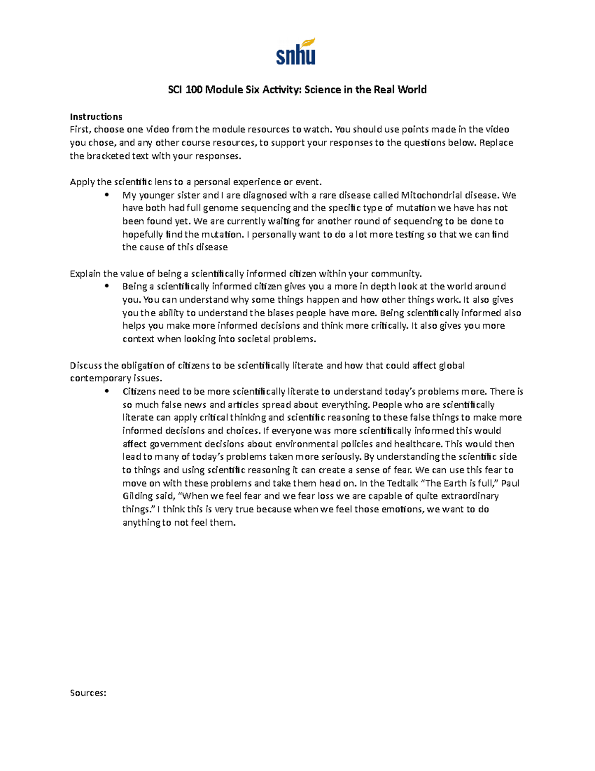 SCI 100 Module Six Activity AJ You Should Use Points Made In The
