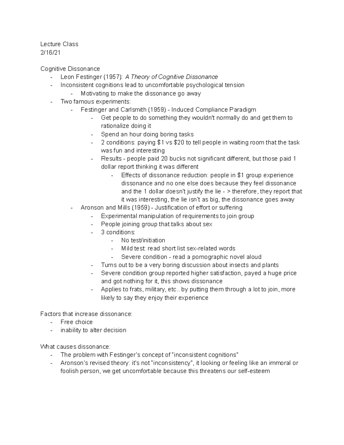 Social Psychology: Cognitive Dissonance - Lecture Class 2/16/ Cognitive ...