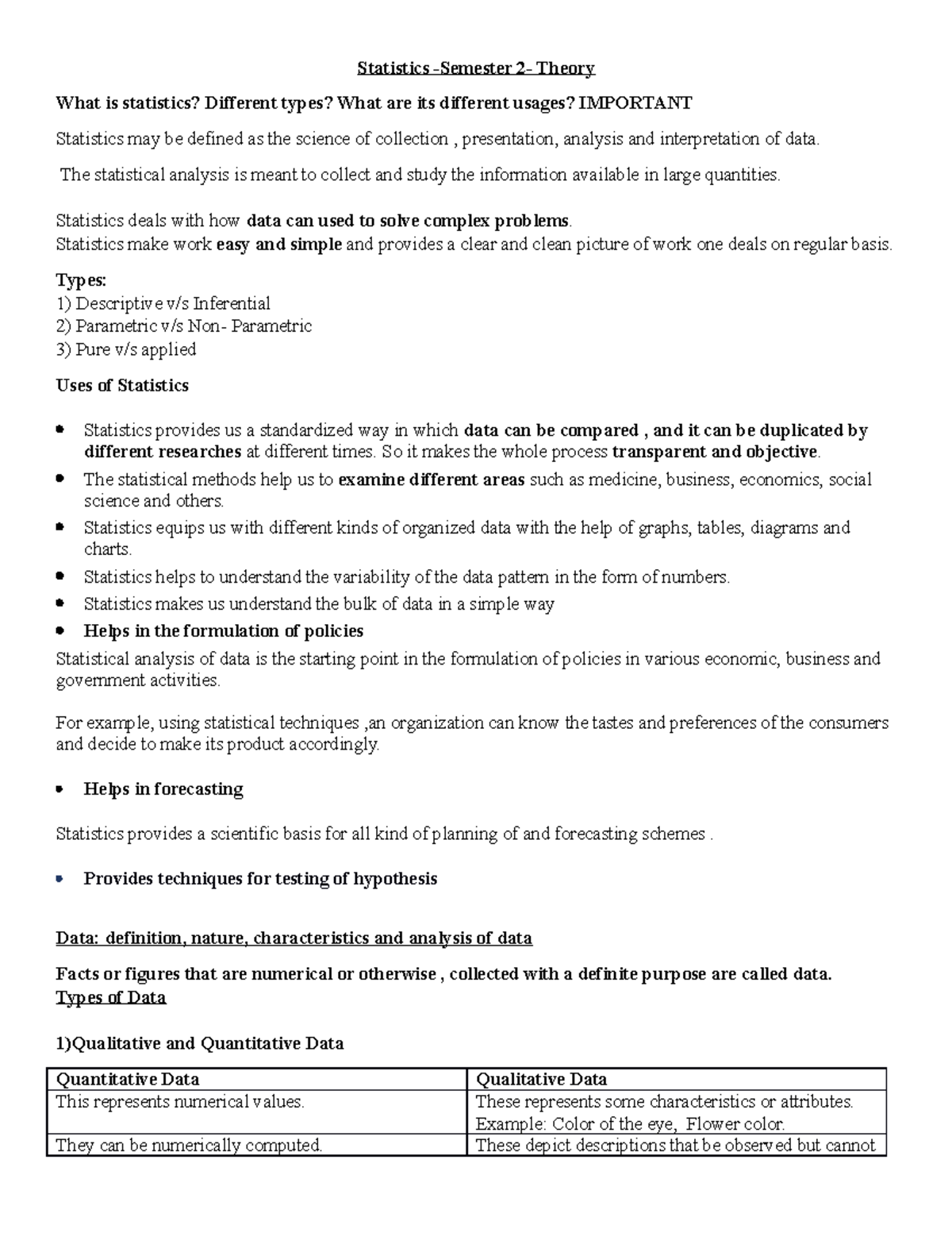 Statistics- Sem 2- Theory Topics - Statistics -Semester 2- Theory What ...