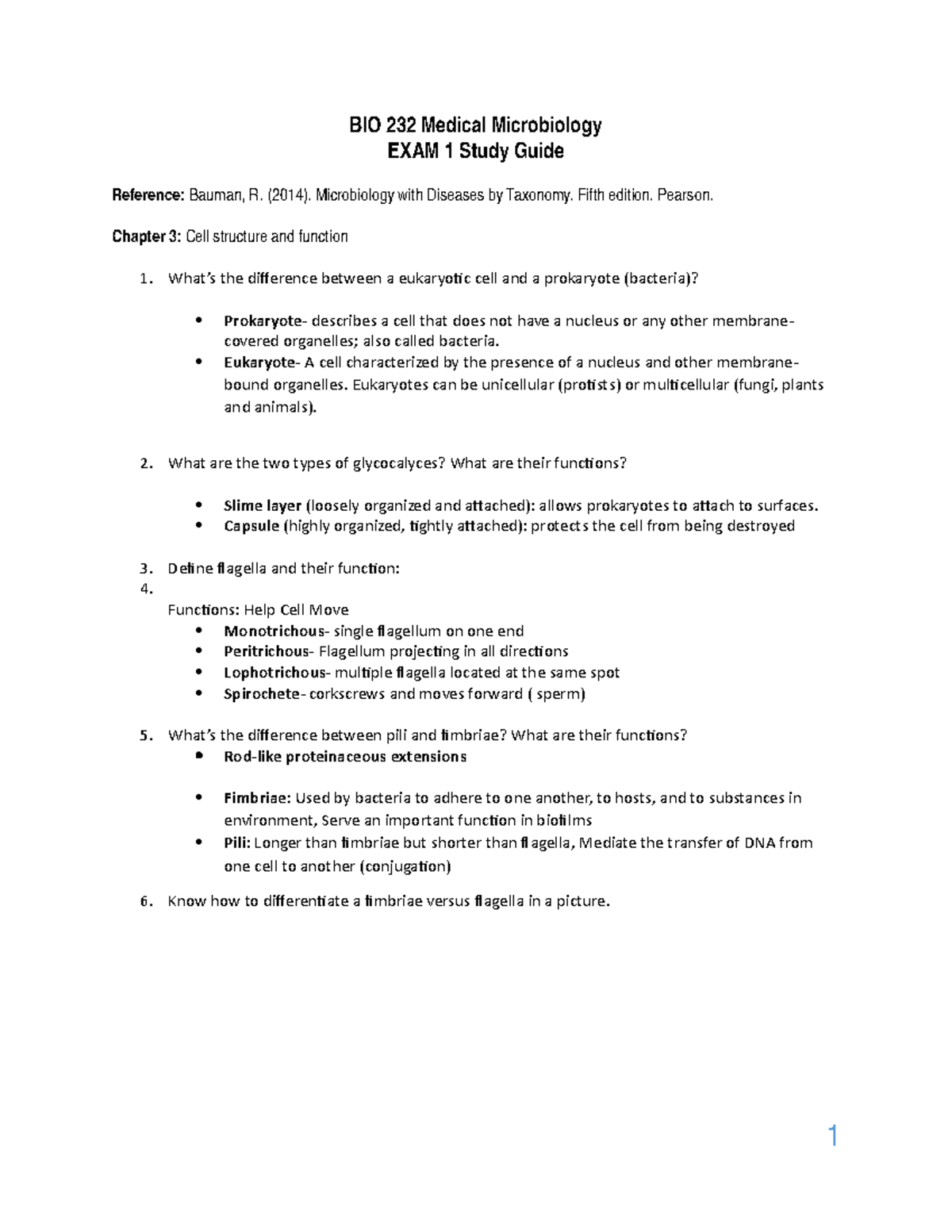 Exam 1 Study Guide - BIO 232 Medical Microbiology EXAM 1 Study Guide ...