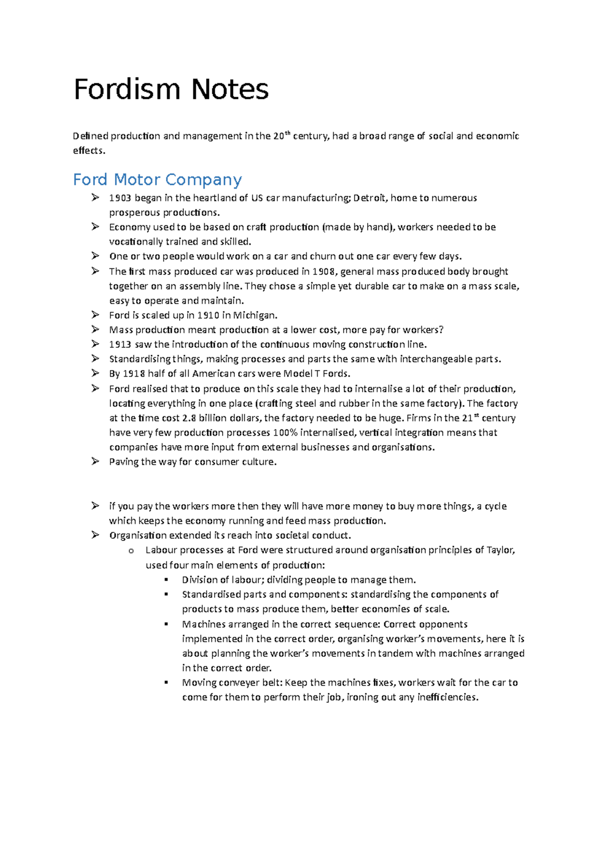 Fordism Lecture Notes - Fordism Notes Defined production and management ...